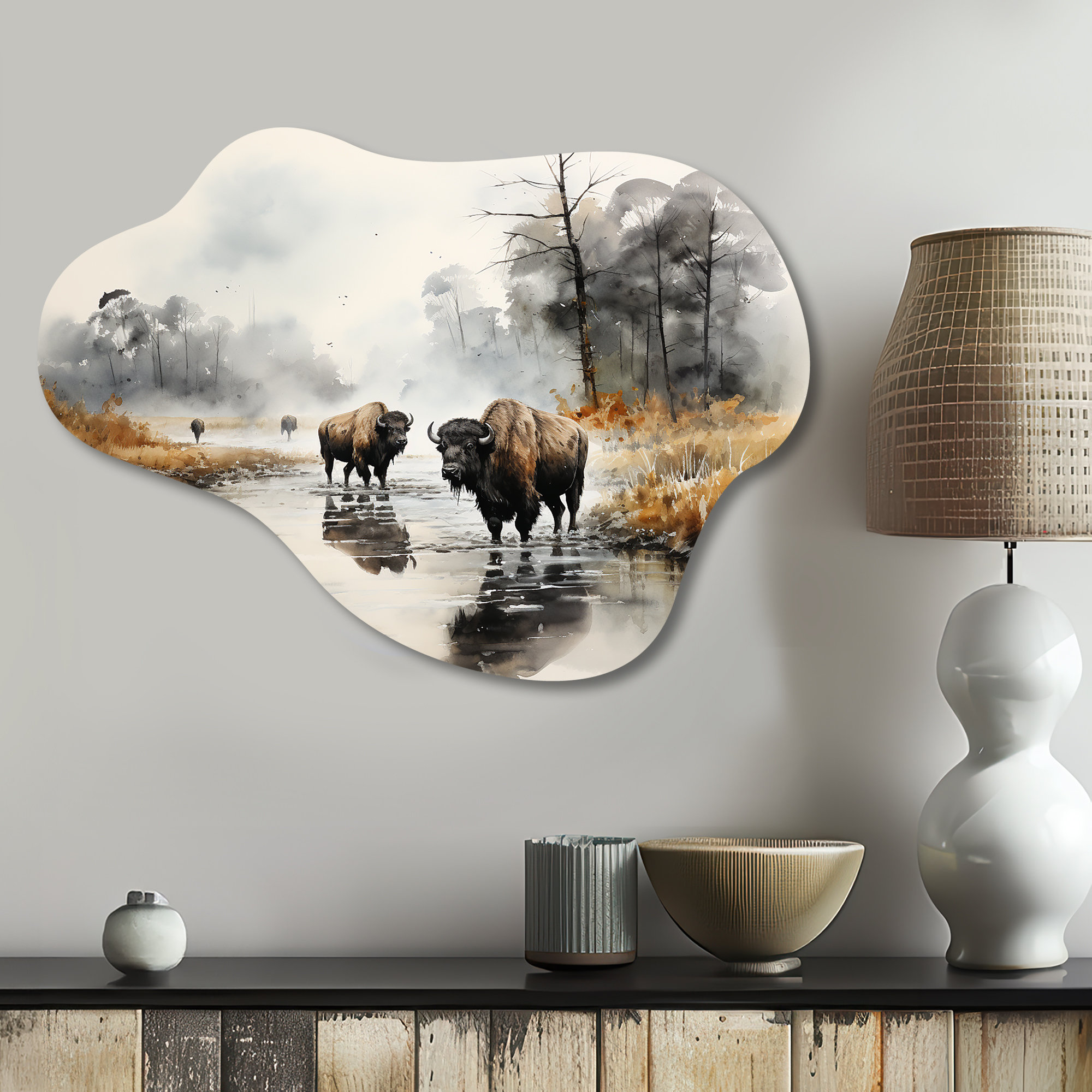 Design Art Grey Buffalo Misty Morning Grazing II - Buffalo Cloud Shape ...