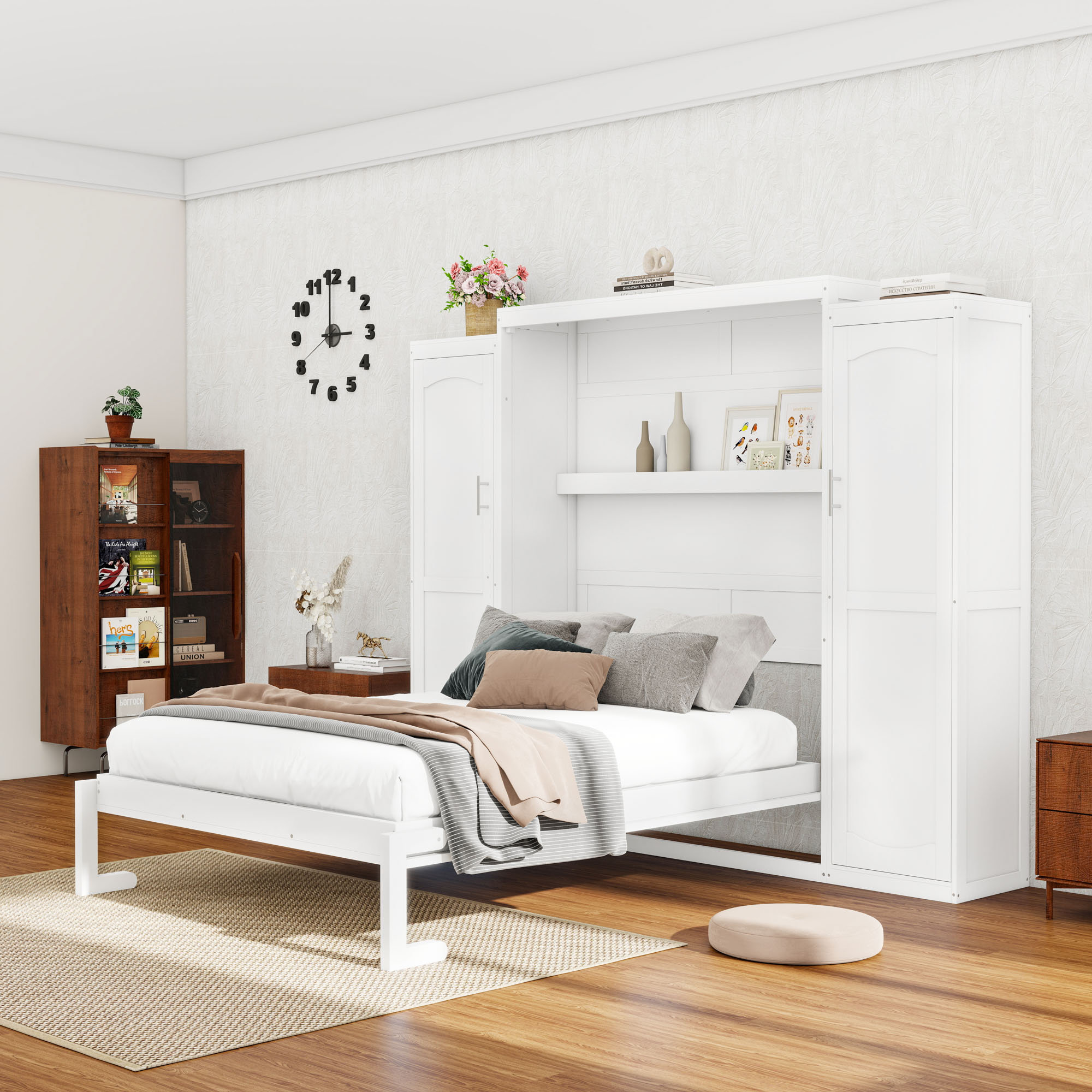 Red Barrel Studio® Wooden Murphy Platform Bed with Wardrobes and Shelf ...