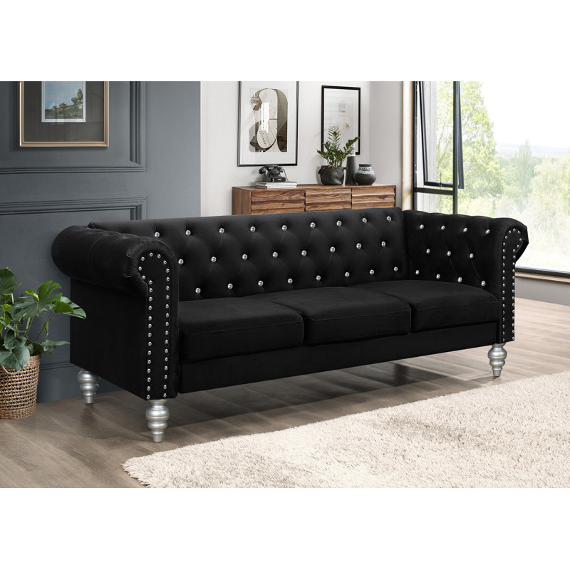House of Hampton® Jabarion 83.3'' Velvet Rolled Arm Chesterfield Sofa ...