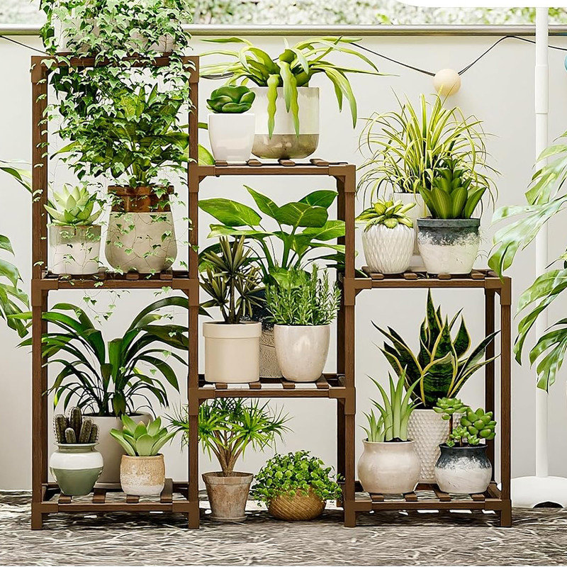 Arlmont & Co. Wood Plant Rack for Multiple Plants 3 Tiers Ladder Plant ...