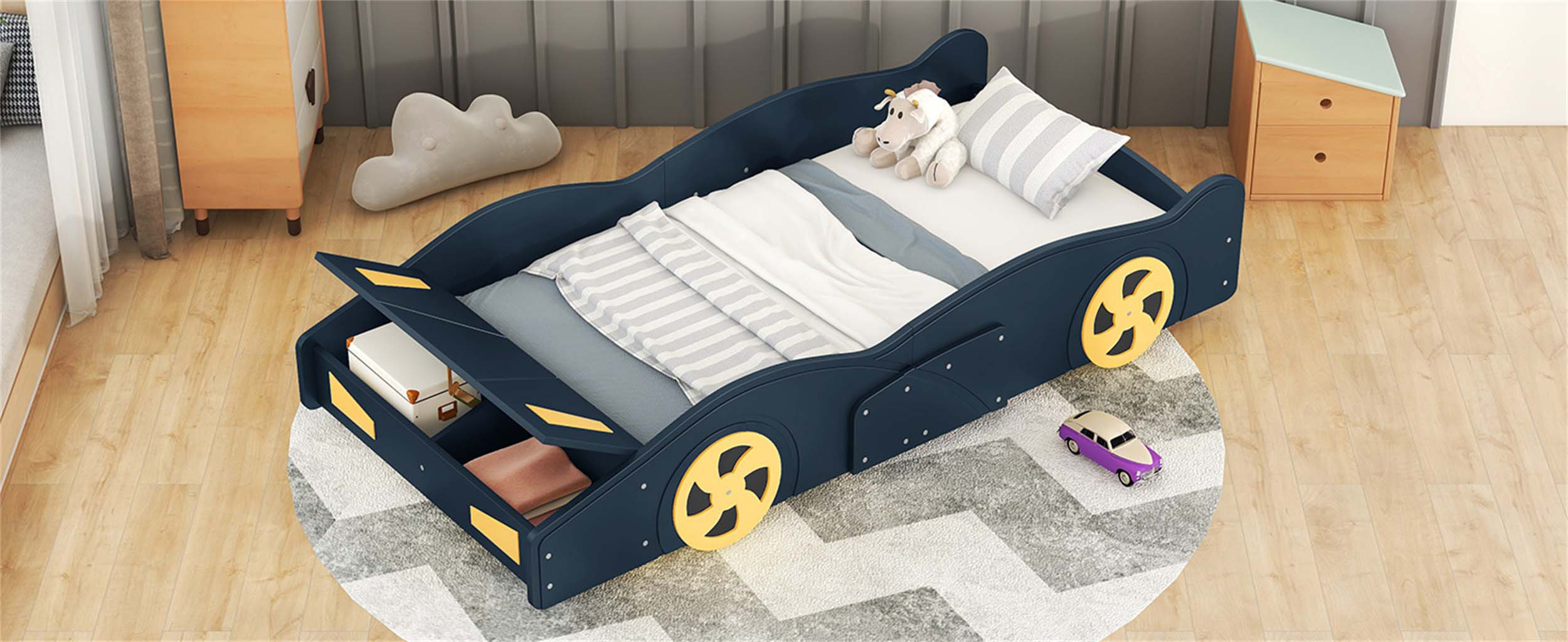 Ivy Bronx Full-Size Race Car-Shaped Platform Bed with Wheels, Ample ...