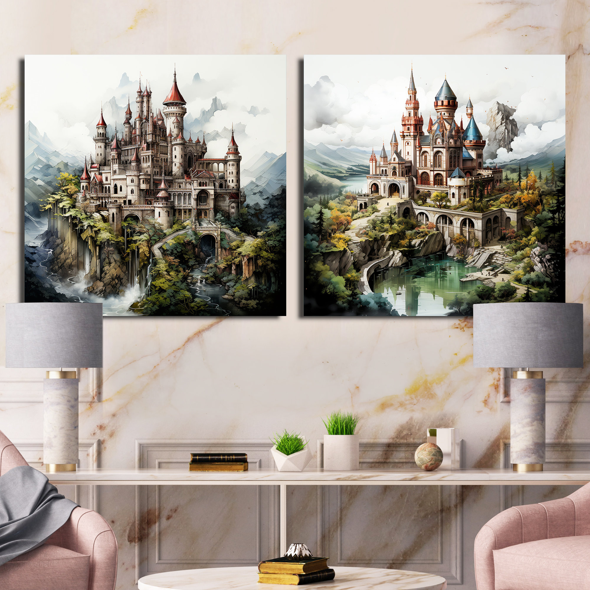 Lark Manor™ Mystic Drawing Of A Castle - Castles Square Collage Set Of ...
