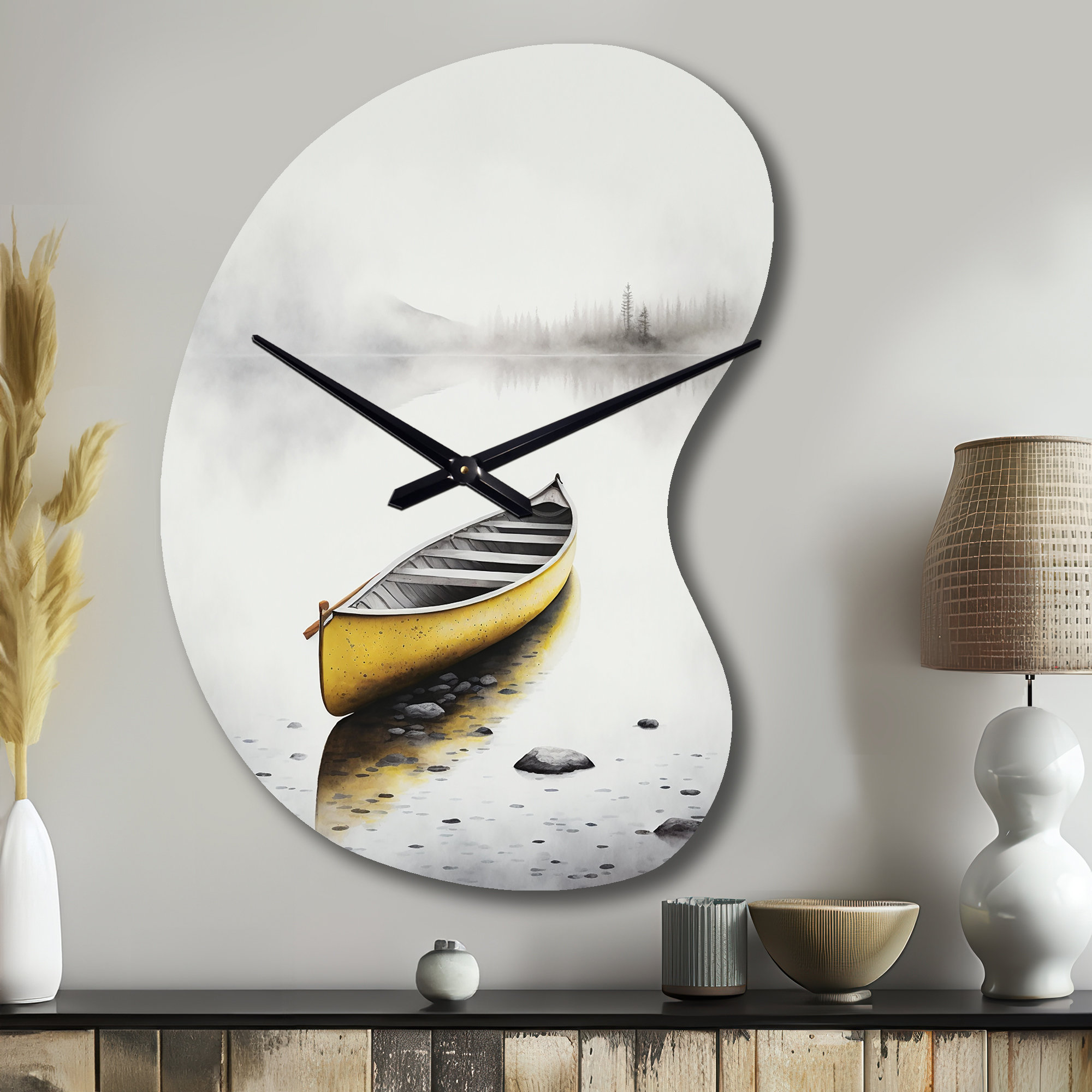 Design Art Yellow Canoe On The Lake I - Boom Shape Yellow Wall Clock ...