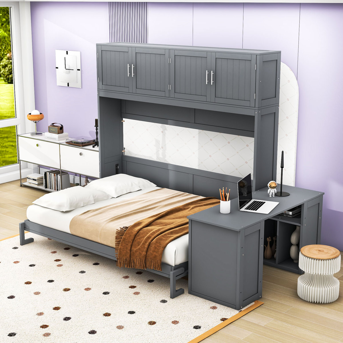 Latitude Run® Queen Wall-Mounted Murphy Bed with Desk, Storage Cabinets ...