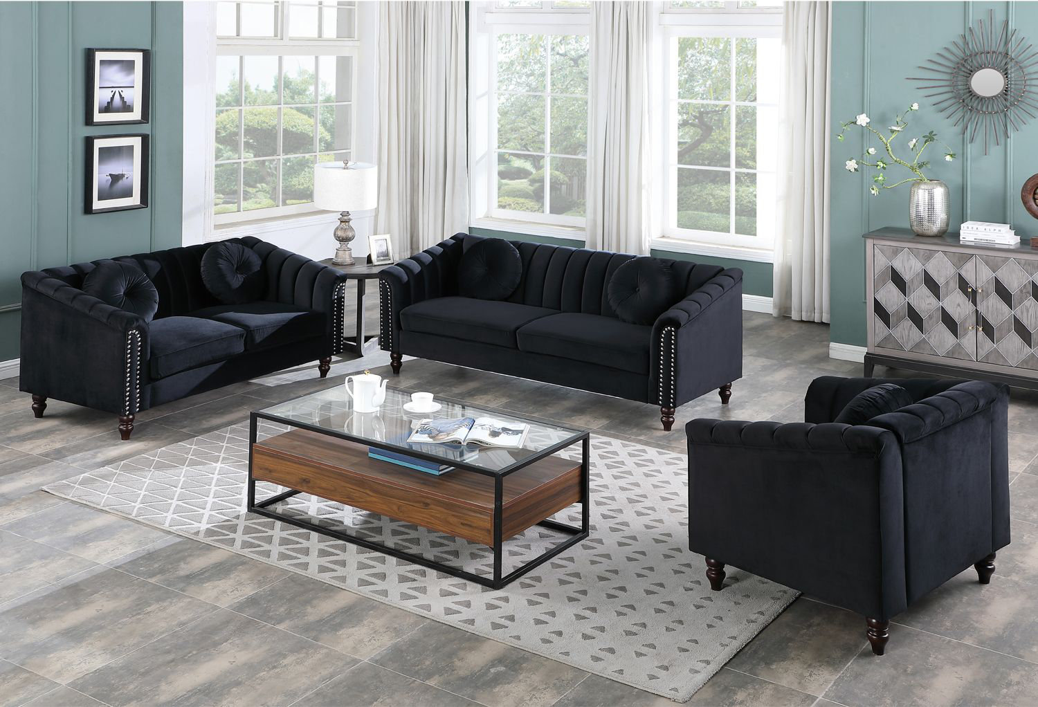 House of Hampton® 3 Pieces Living Room Furniture Set Blue Microfiber ...