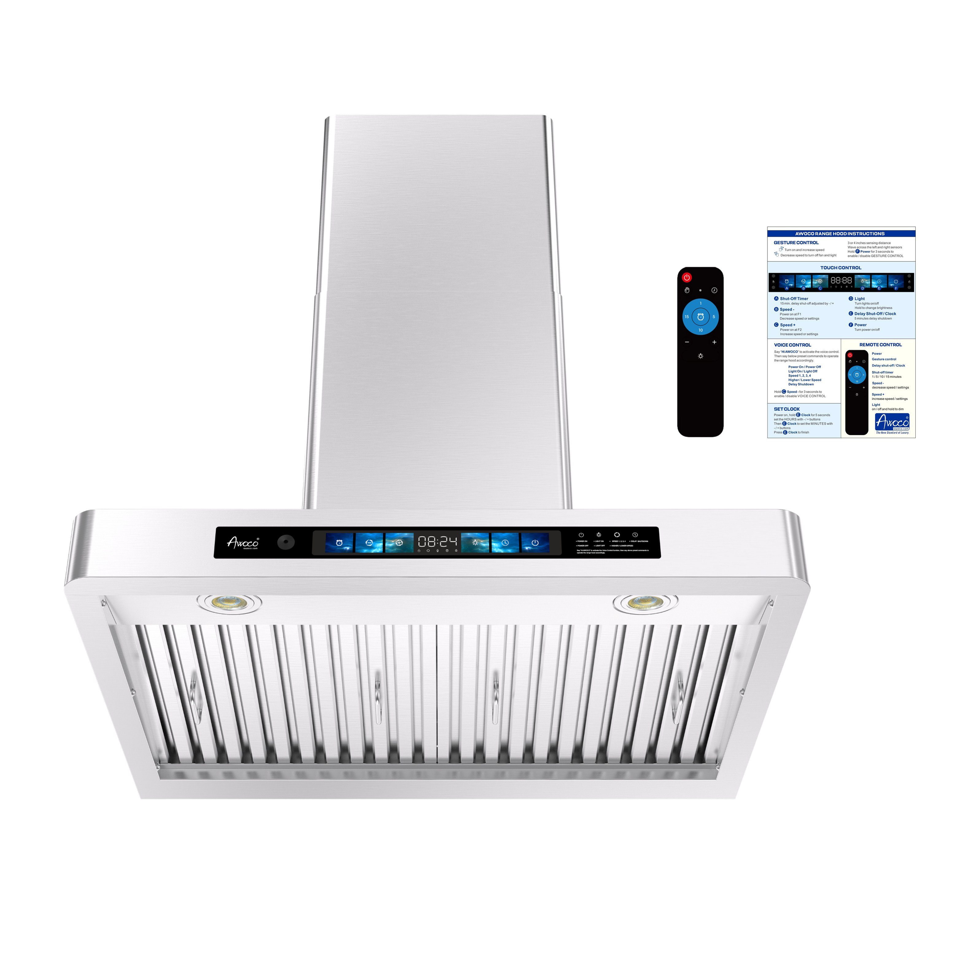 Awoco 30" 1000 CFM Ducted Wall Mount Range Hood In Stainless Steel With ...