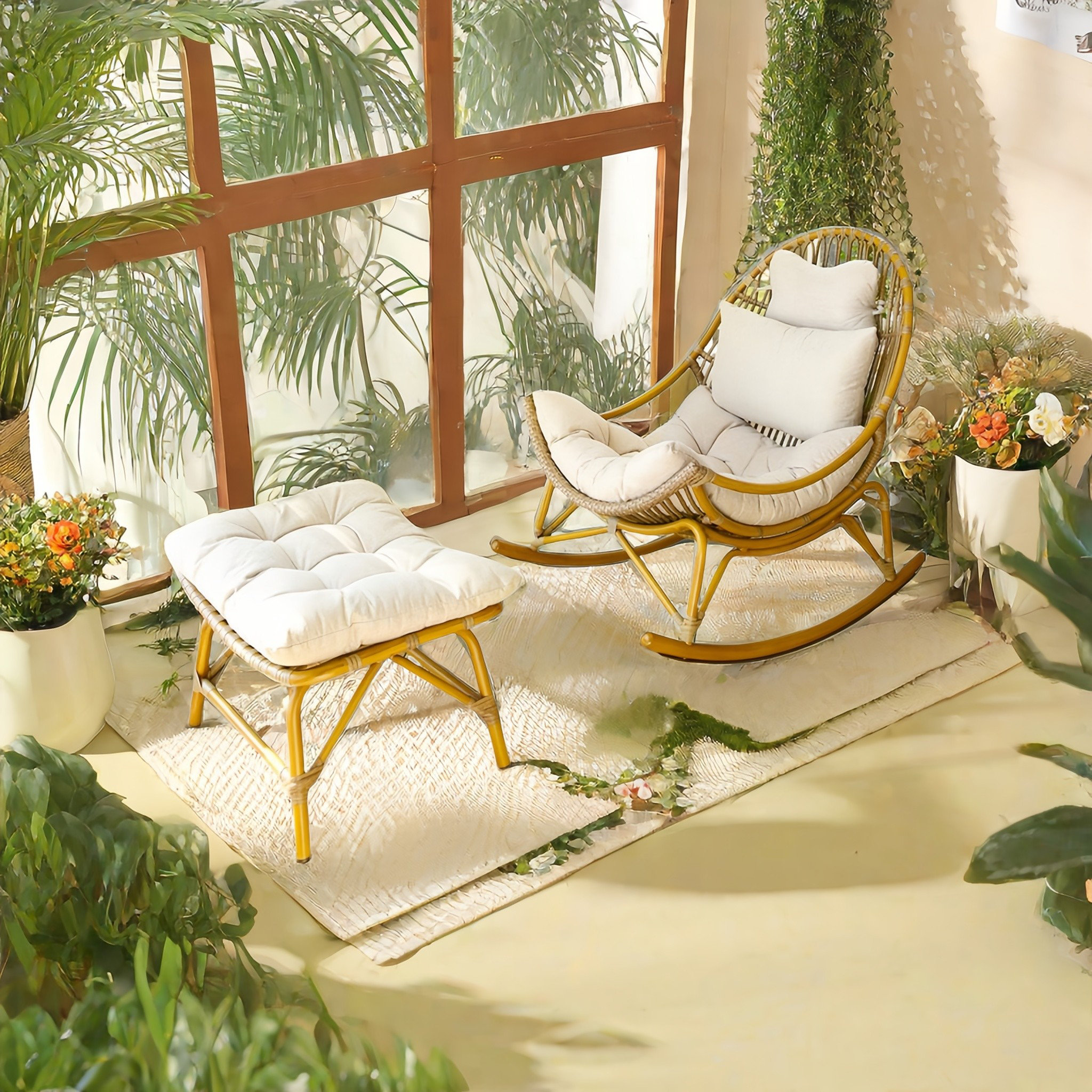 VIBORZ Modern Rattan Rocking Chair with Ottoman | Wayfair