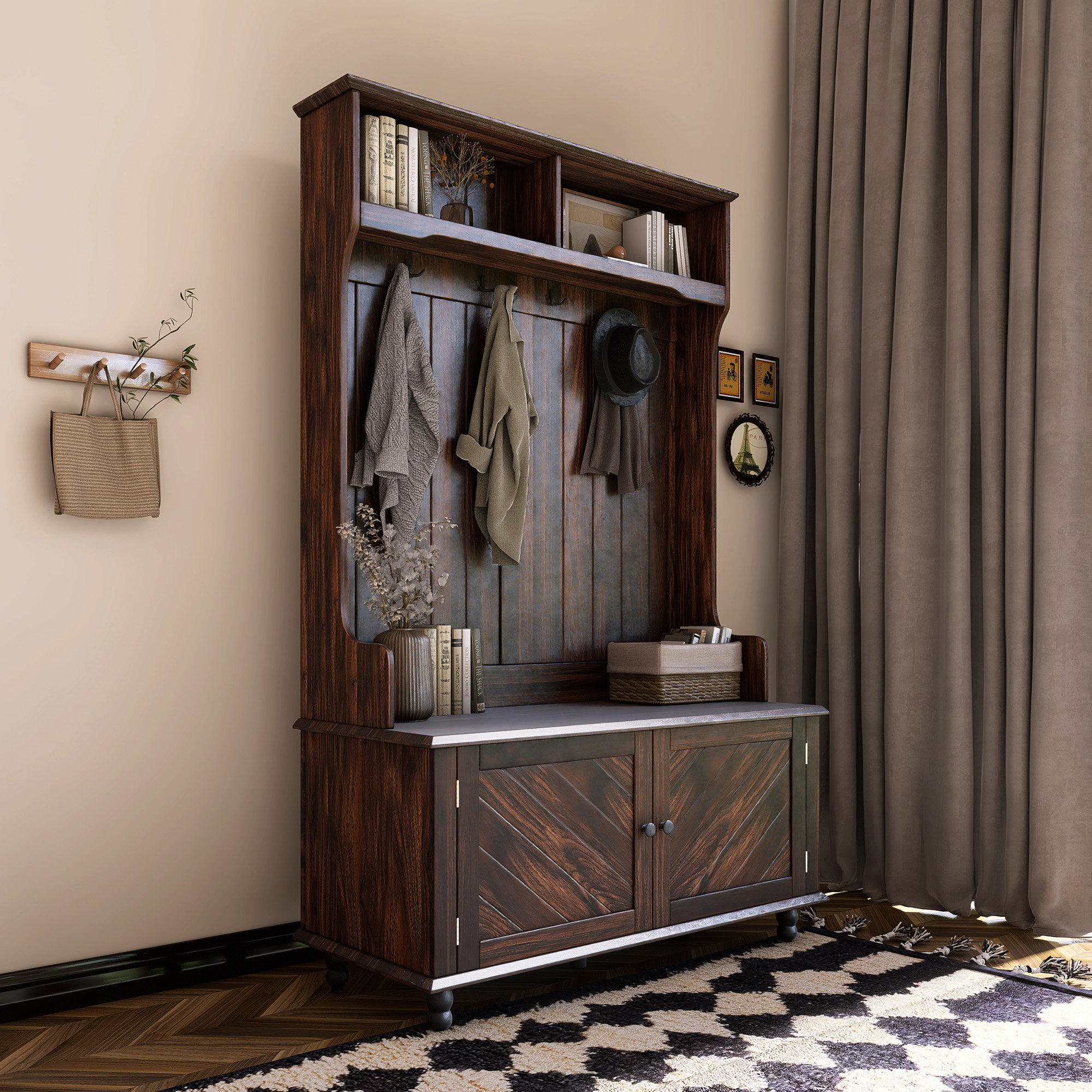 Millwood Pines Hall Tree With 4 Hooks & Oven Shelving | Wayfair