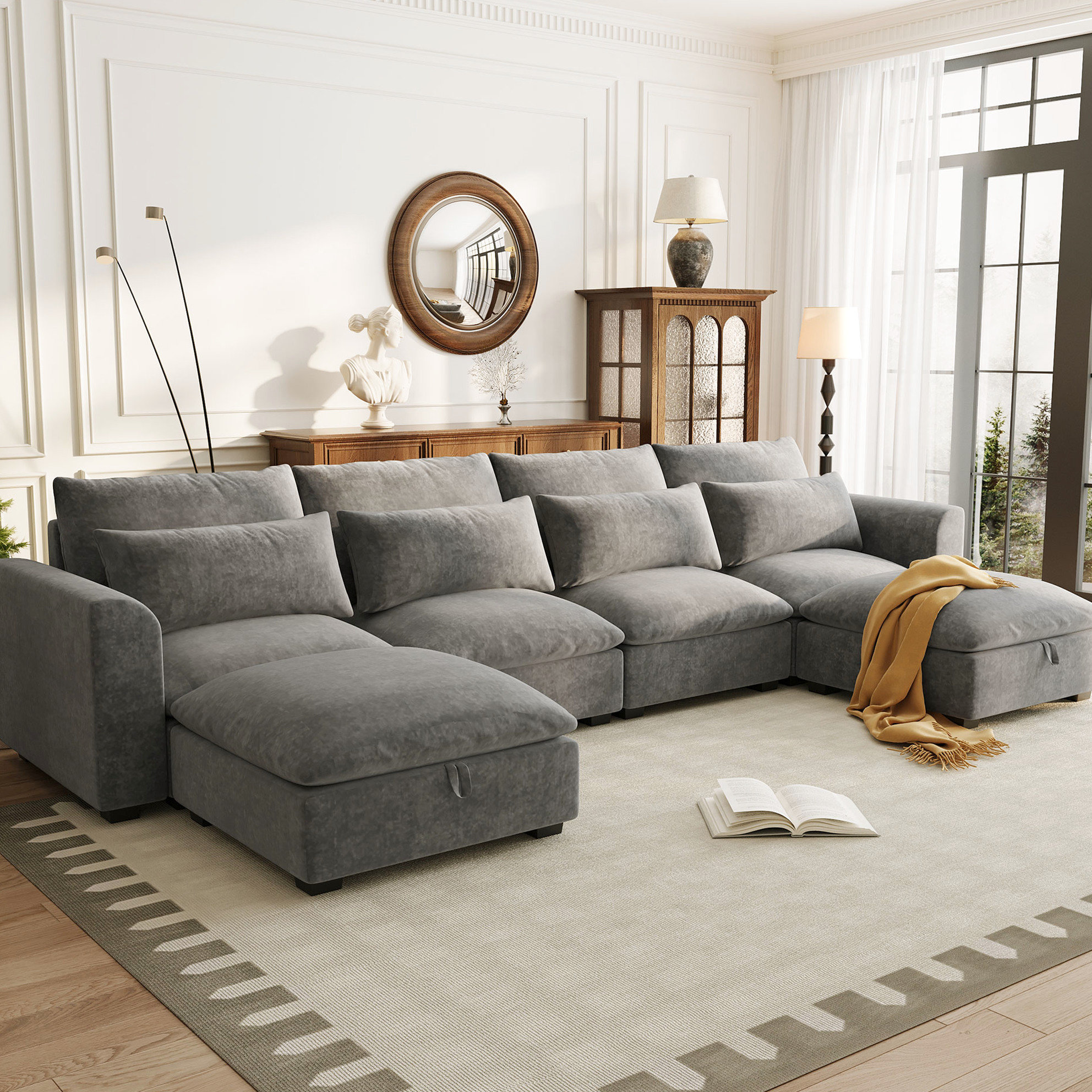 Latitude Run® U-Shaped With Ottomans - Grey Linen, 6, For Living Room ...