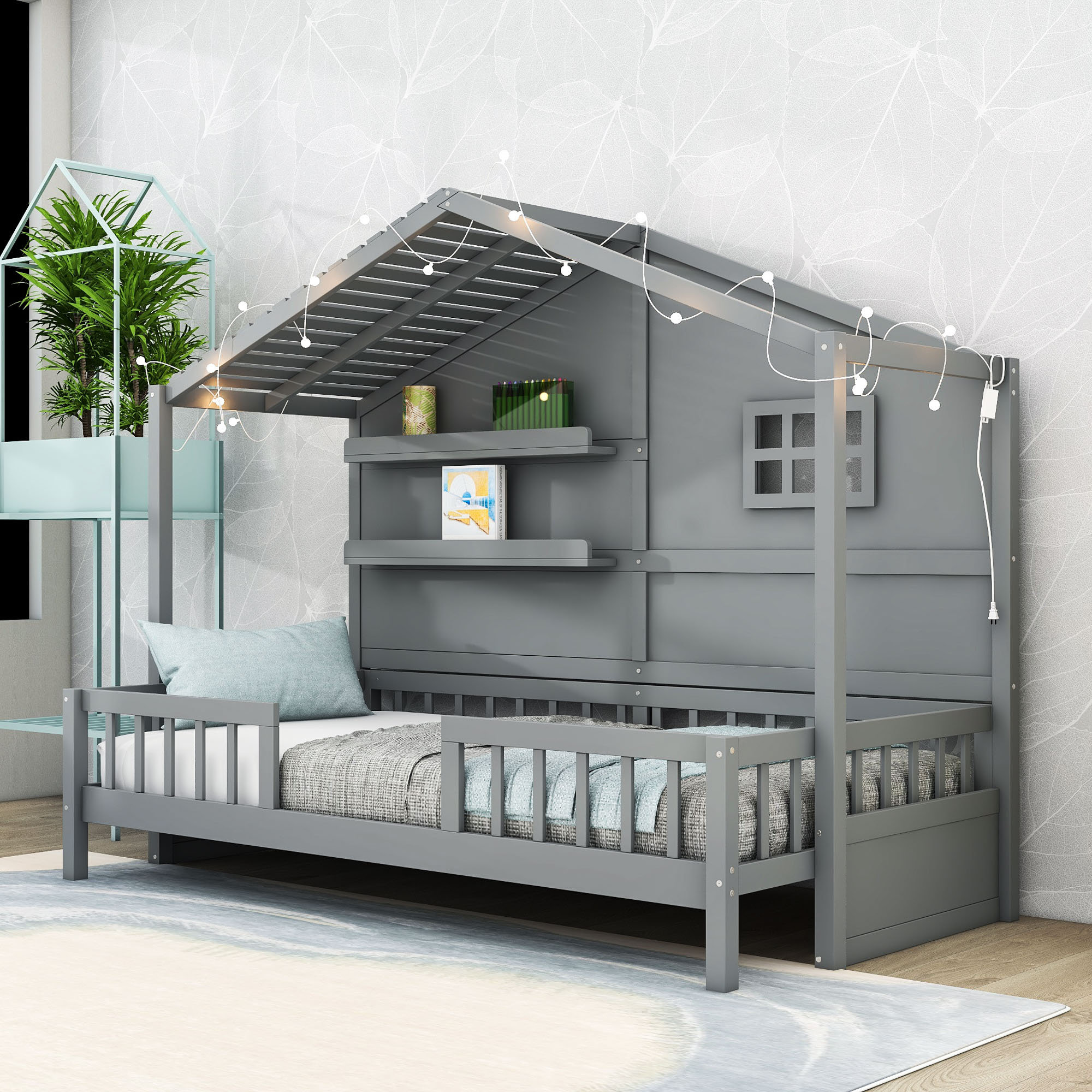 Harper Orchard Twin Wooden House Bed With Light Strip And Built-In ...