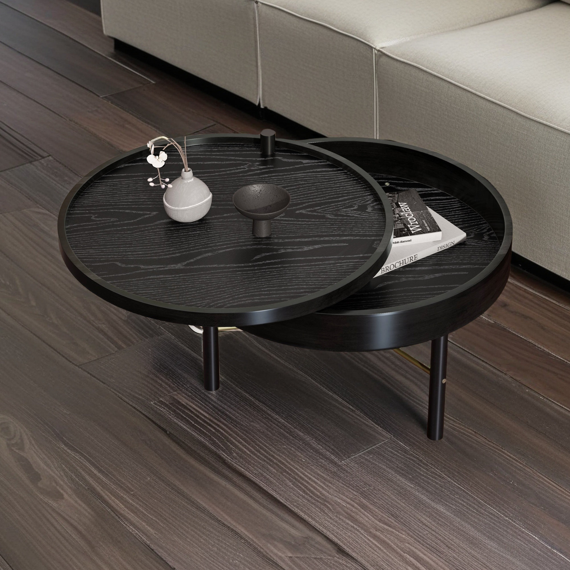 Ebern Designs Modern Round Wood Rotating Tray Coffee Table With Storage ...