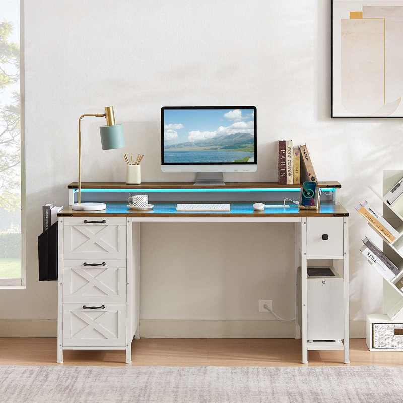 Ivy Bronx 59" Farmhouse Computer Desk With Drawers & Led, White ...