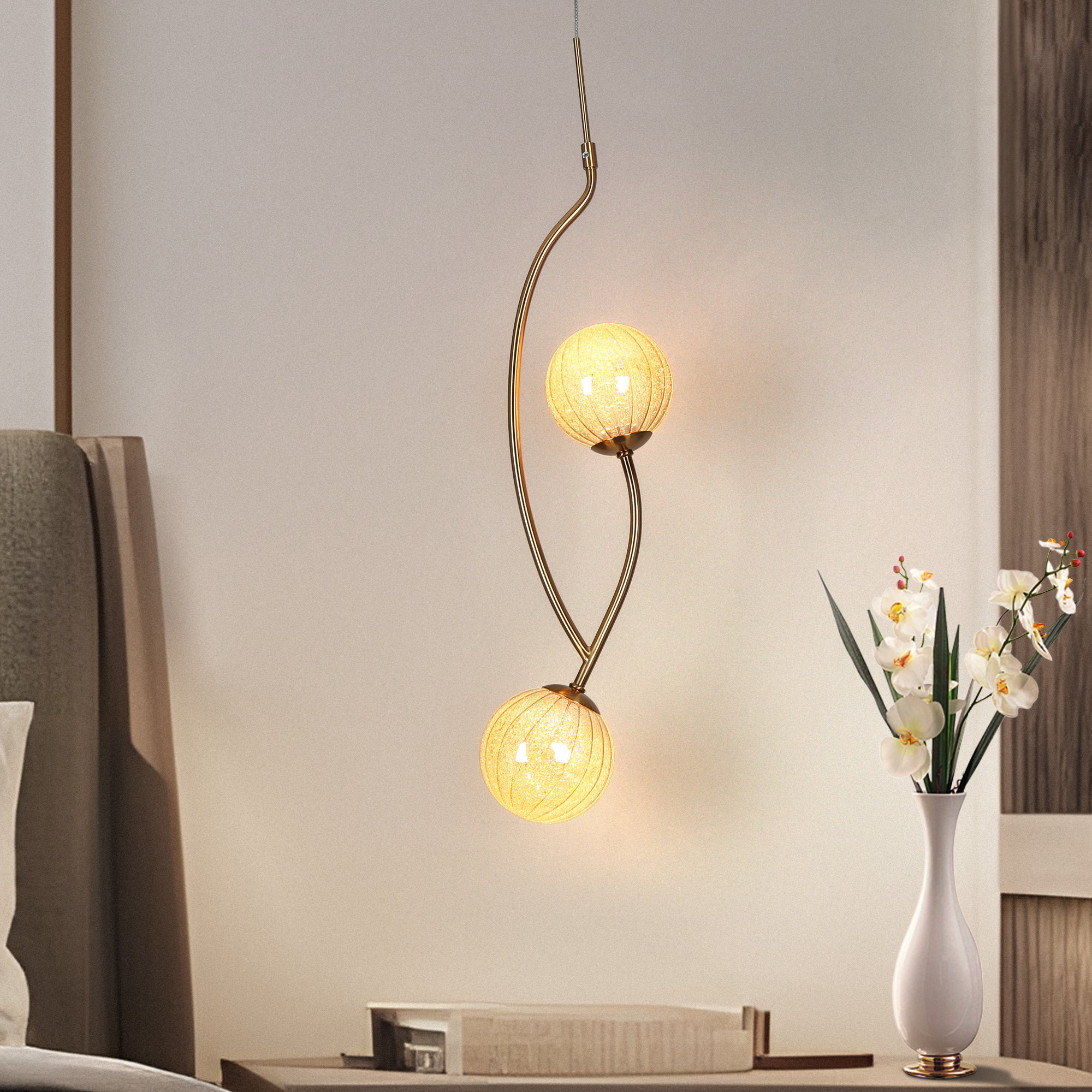 Everly Quinn Skegness 2 - Light LED Brass Cracked Glass Shade Pendant ...