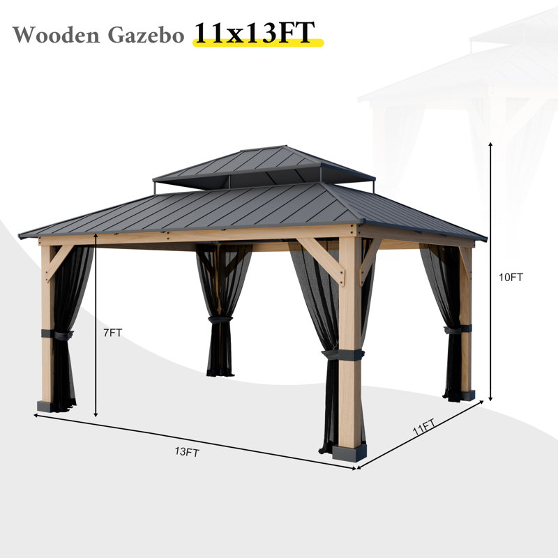 INMITOM 13 Ft. X 11 Ft.Solid Wood Hardtop Gazebo With Double Galvanized ...