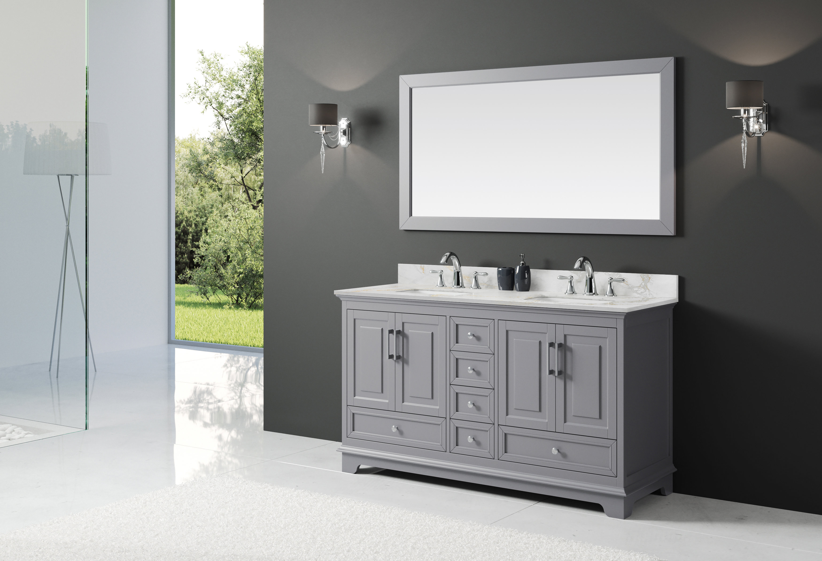 Lark Manor™ Cianfero 60 Inch Bath Vanity in Quartz Top 3 Faucet Holes ...