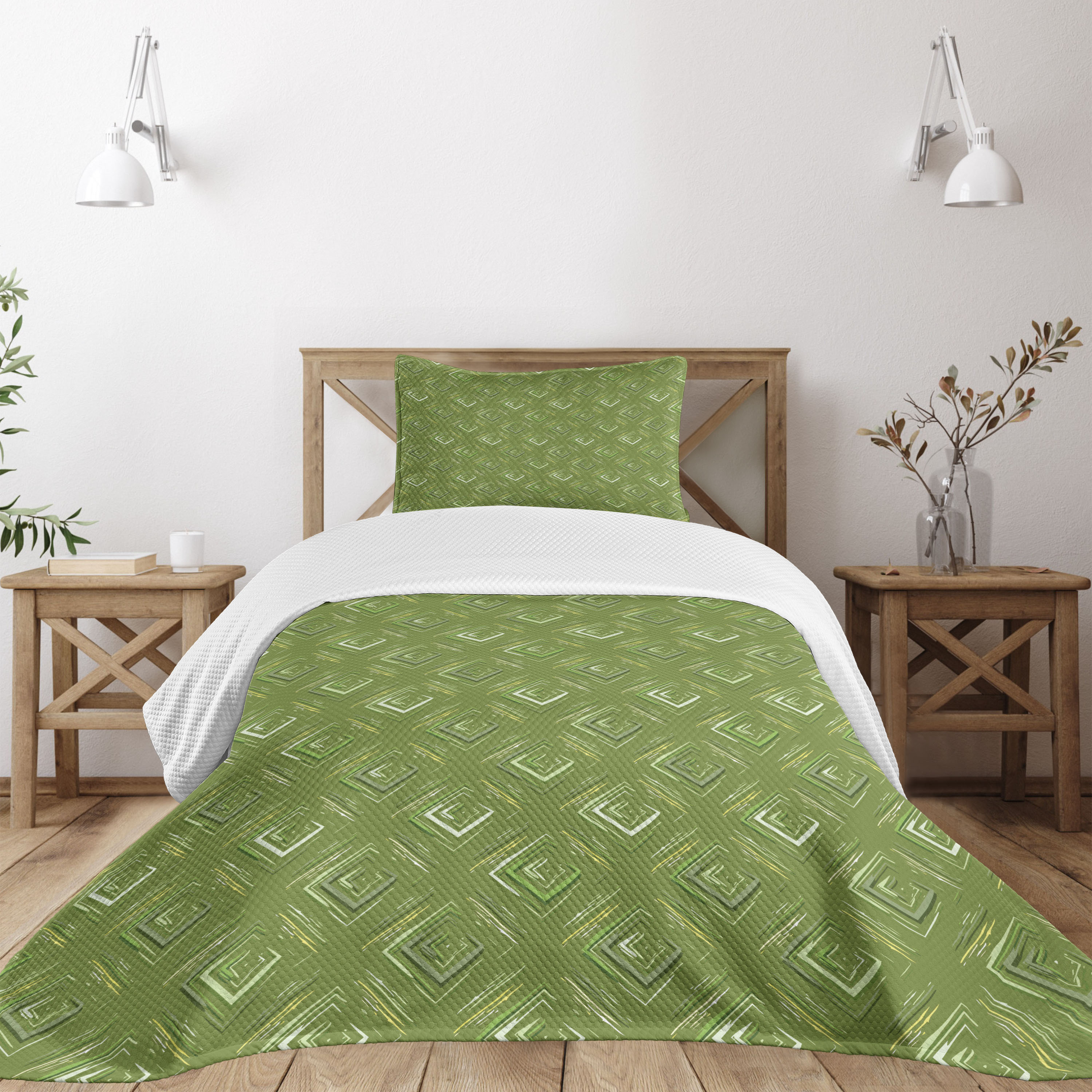 Ambesonne Olive Green Bedspread Set Rhombus Squares Olive Green Coconut ...