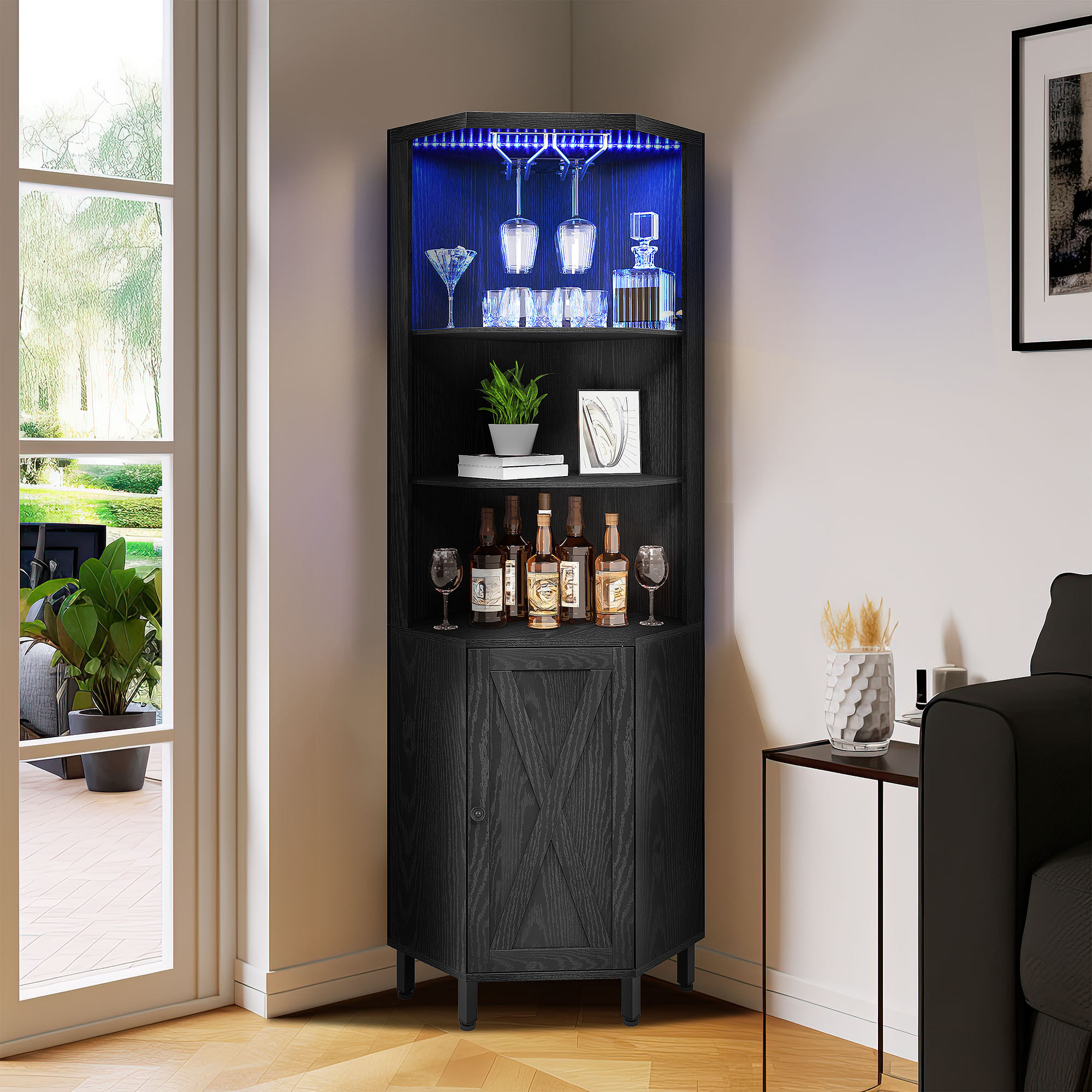 Wrought Studio Wood Corner Bar Cabinet with with LED Light and Glass ...