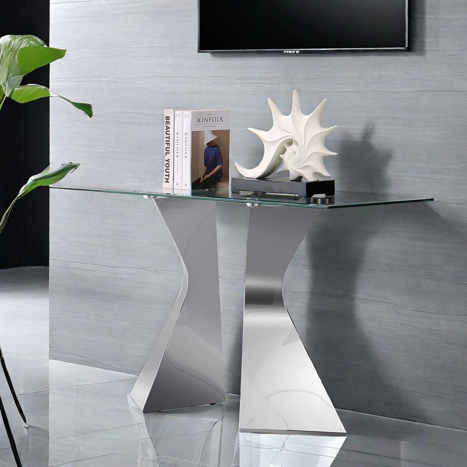 Ivy Bronx Silver Console Table Entryway Table With Tempered Clear Glass ...