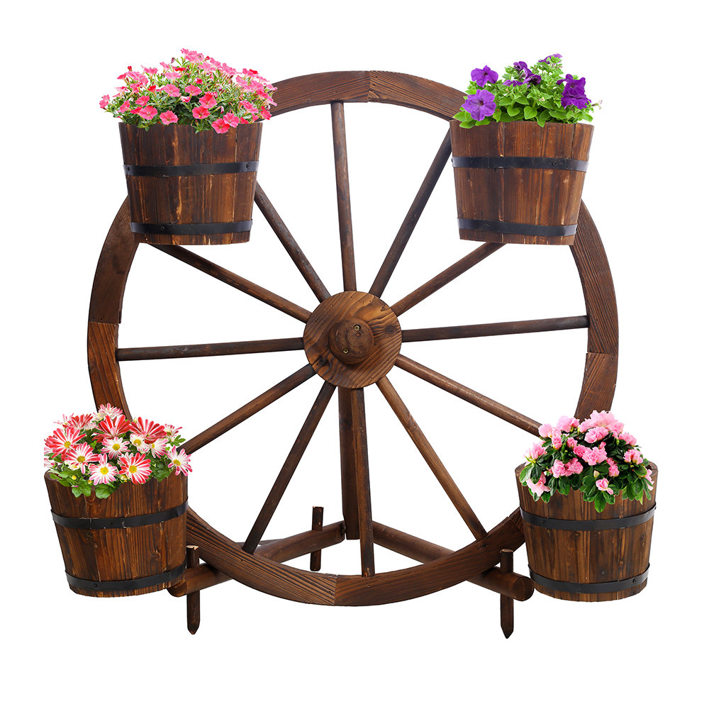 Millwood Pines Classic Vintage Wagon Wheel Barrel Planter with 4 Metal ...