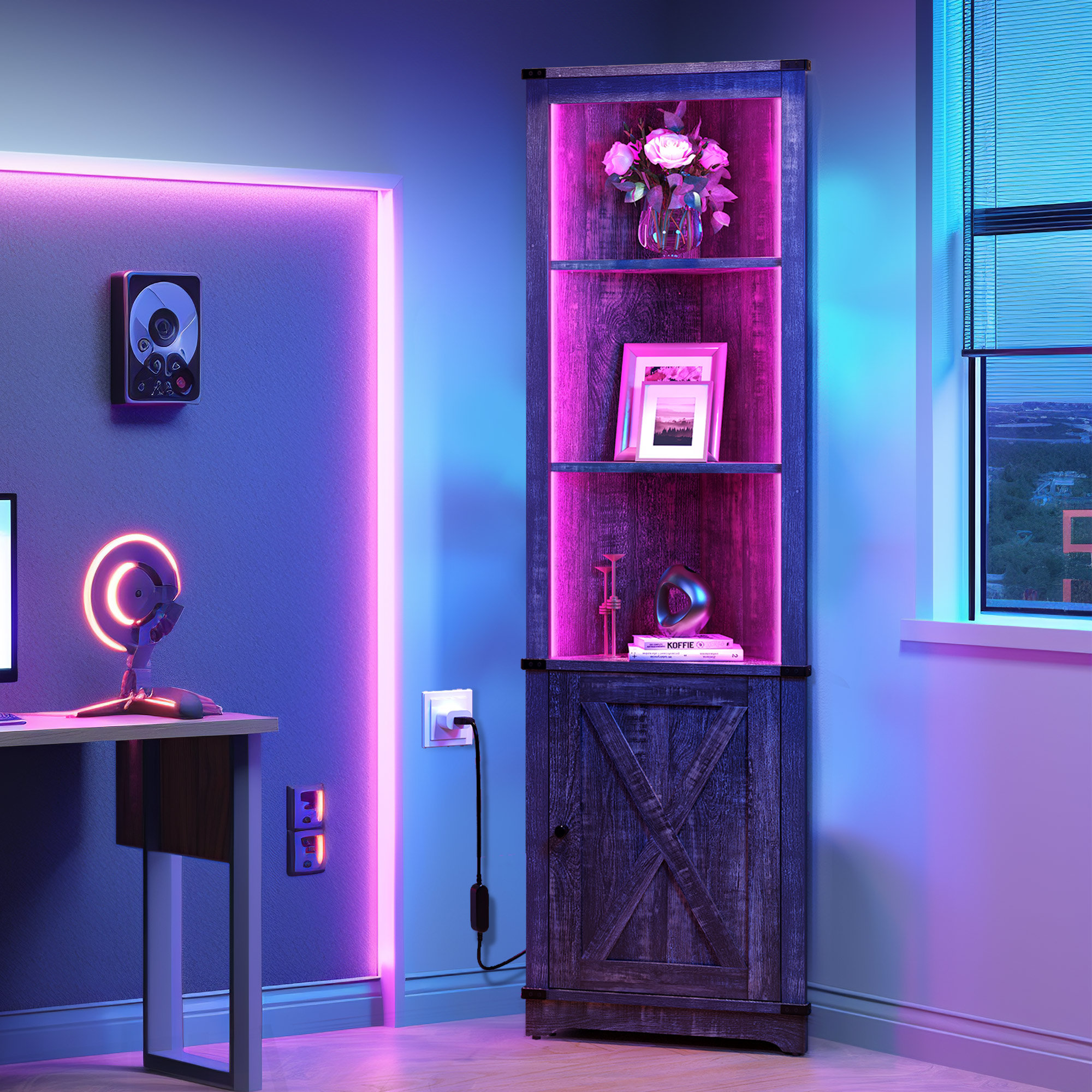 Gracie Oaks Aspenn 67" H Corner Bookcase with LED Light, Corner Storage ...