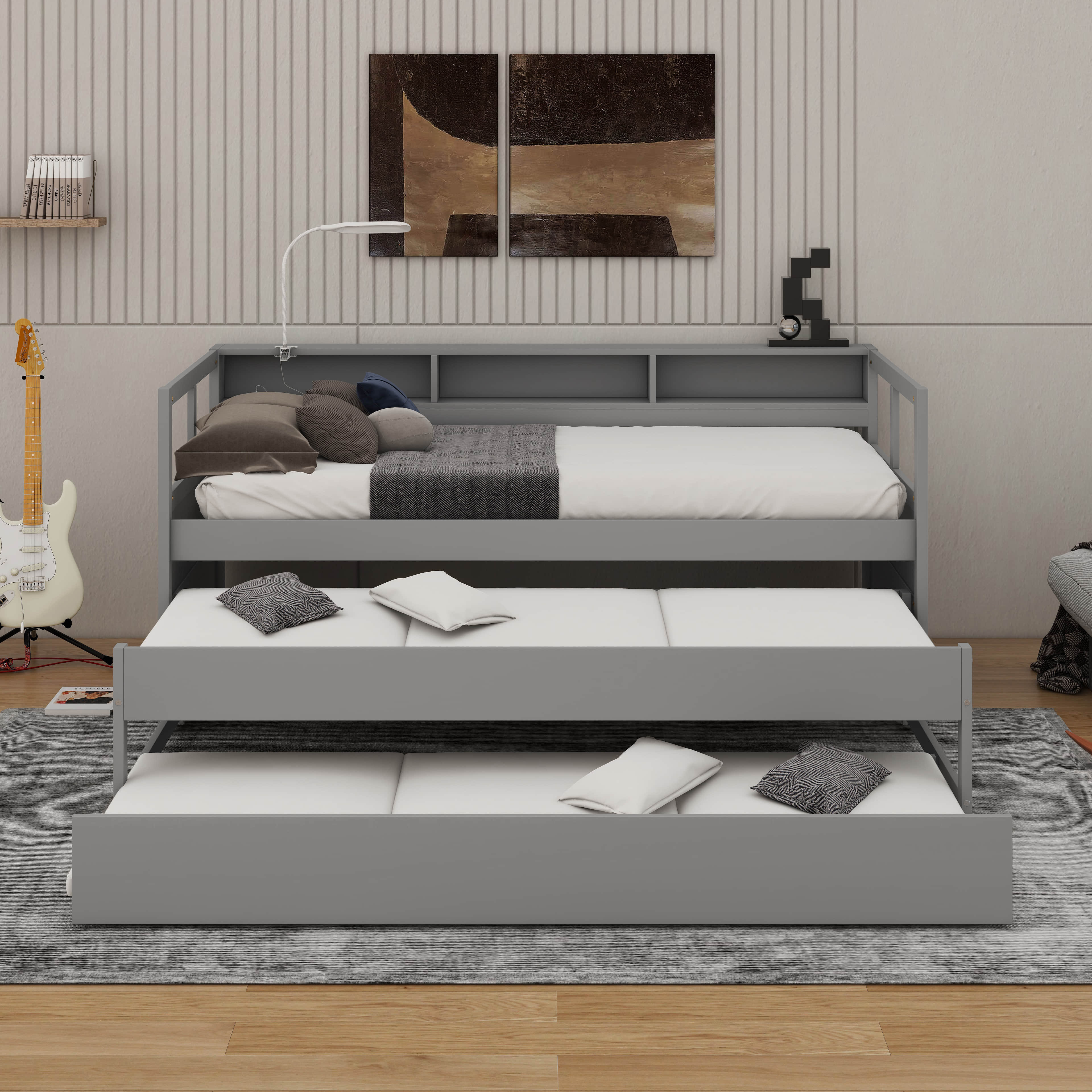 Latitude Run® Twin XL Daybed With 2 Trundles And 3 Storage Cubbies ...
