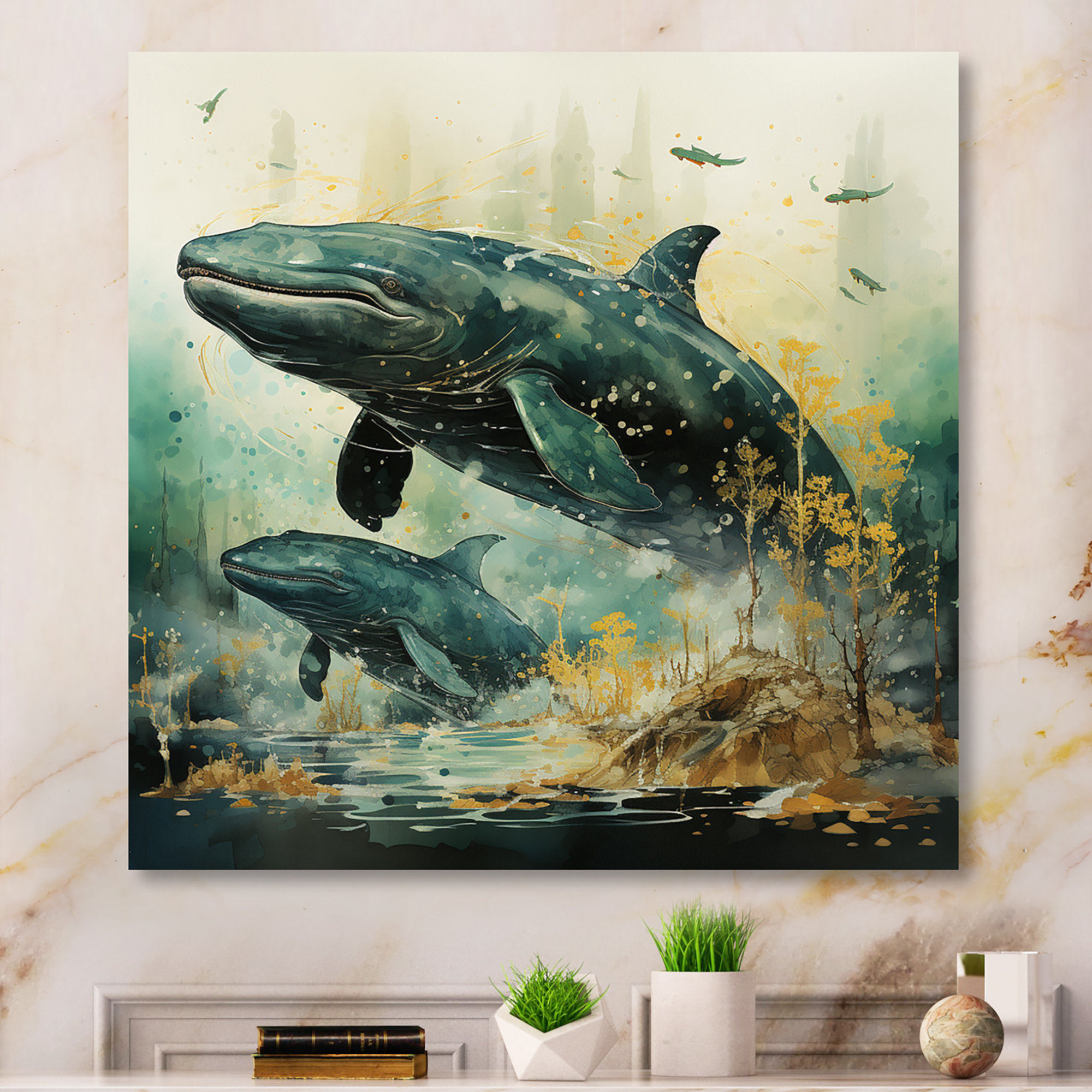 Dovecove Bibbee Gray Teal Marine Animals Whispering Whales - Print ...
