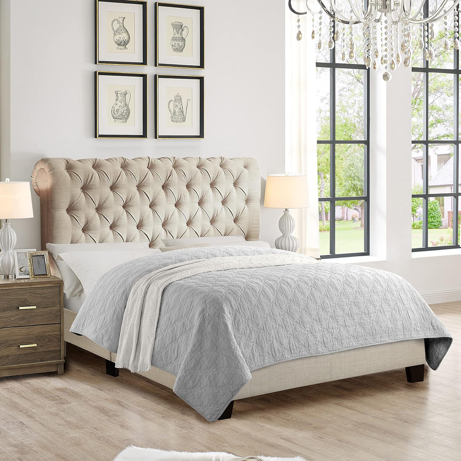 Lark Manor™ Beige Upholstered Bed Frame - Luxurious Headboard, Elegant ...