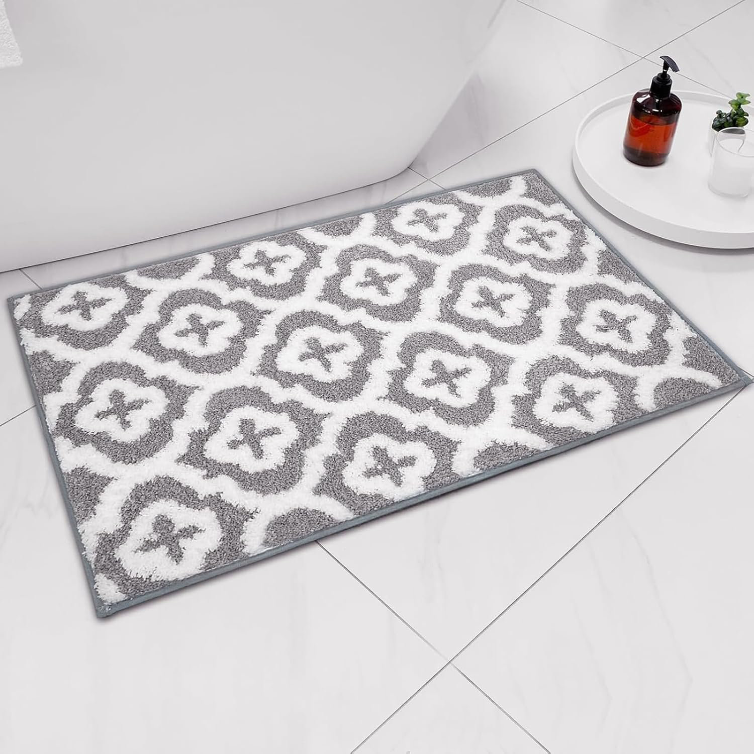 Red Barrel Studio® Modern Geometric Bath Mat Grey White Geometric ...
