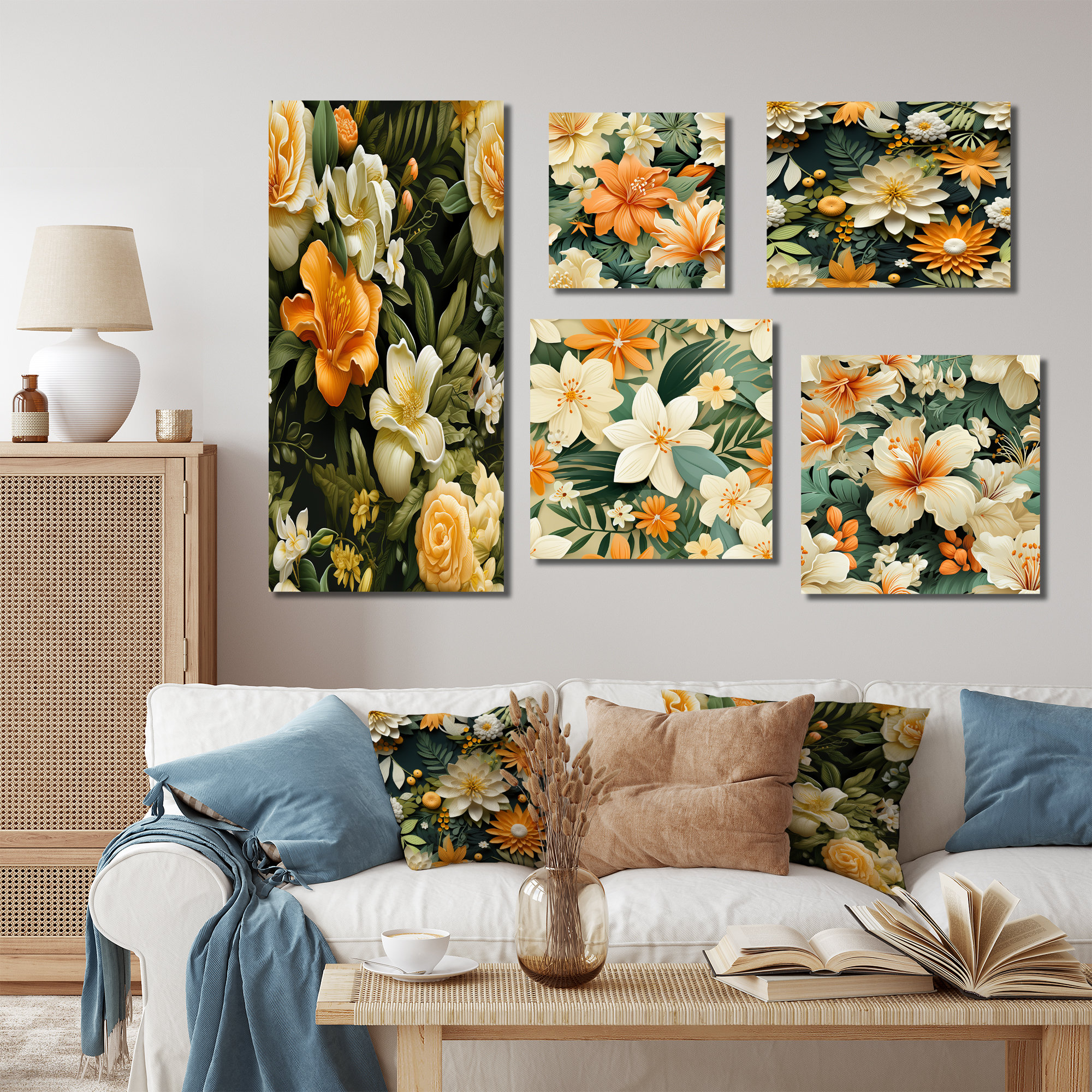 Design Art Mango Bloom Tropical Pattern - Tropical Canvas Art Print Set ...