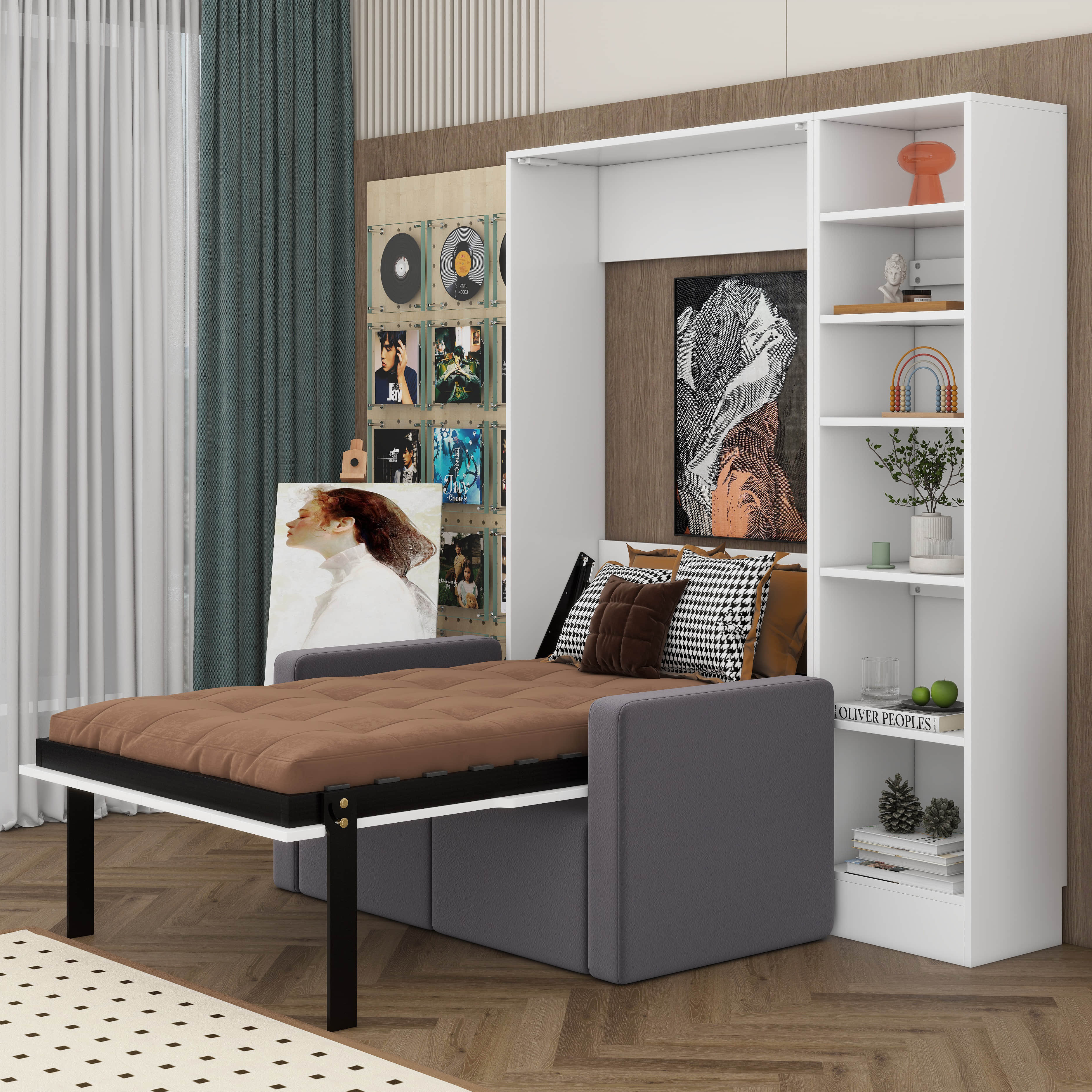 Hokku Designs Mironda Murphy Bed Wall Bed With Sofa,With Shelves | Wayfair