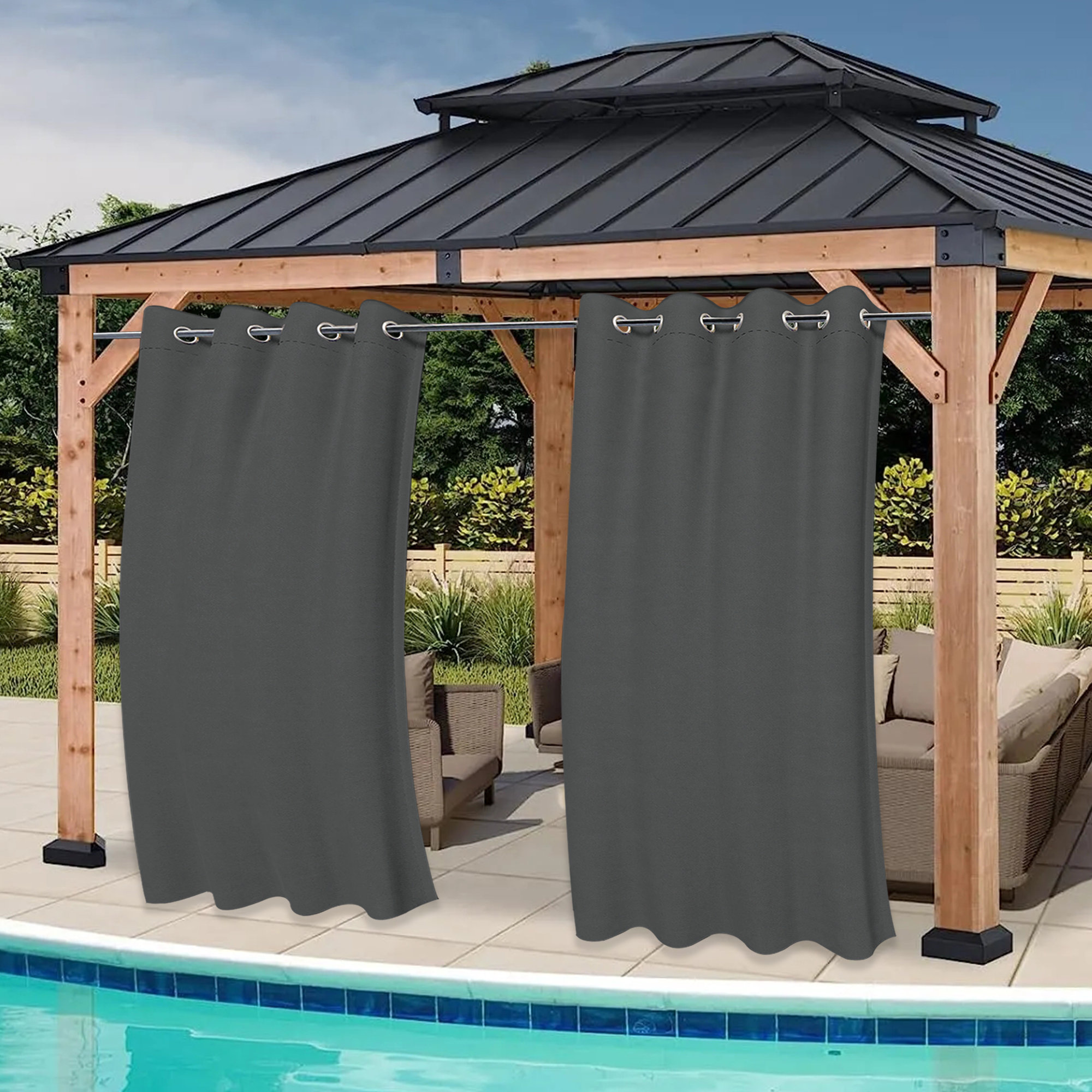 Ebern Designs Singleton Black Out Solid Grommet Top Waterproof Pergola Outdoor Curtain Single ...