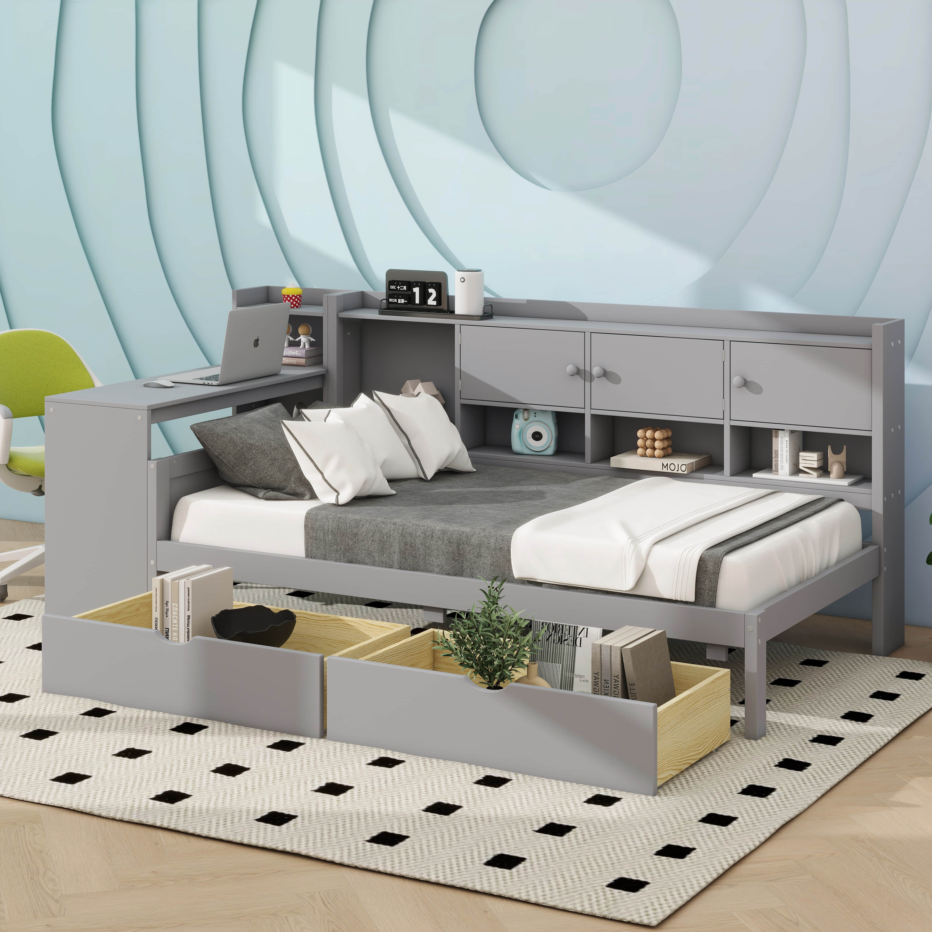 Lark Manor Wooden L-Shape Daybed With Seven Storage Cabinets And Two ...