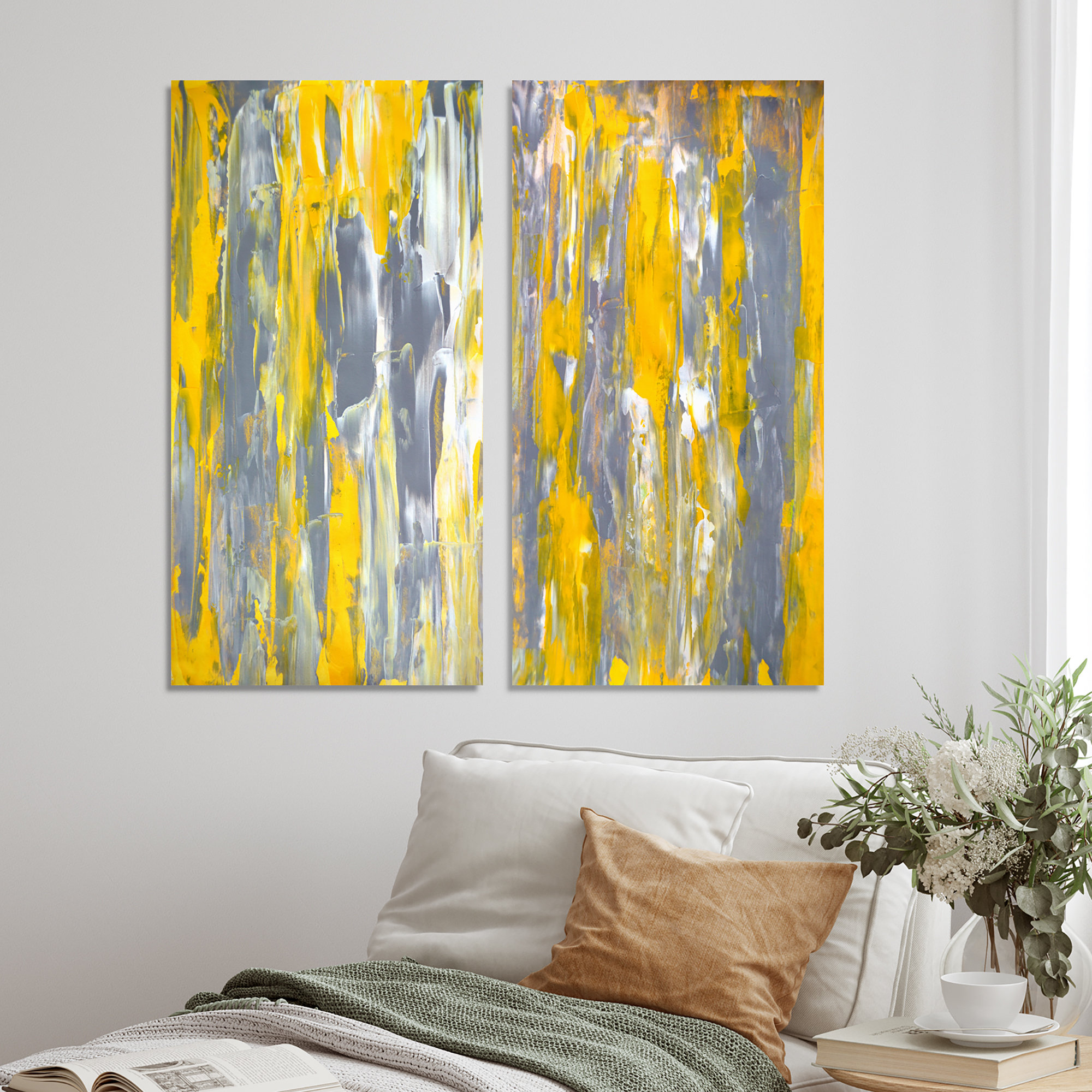 Ivy Bronx Grey And Yellow Merging Abstract II - 2 Piece Drawing Print ...