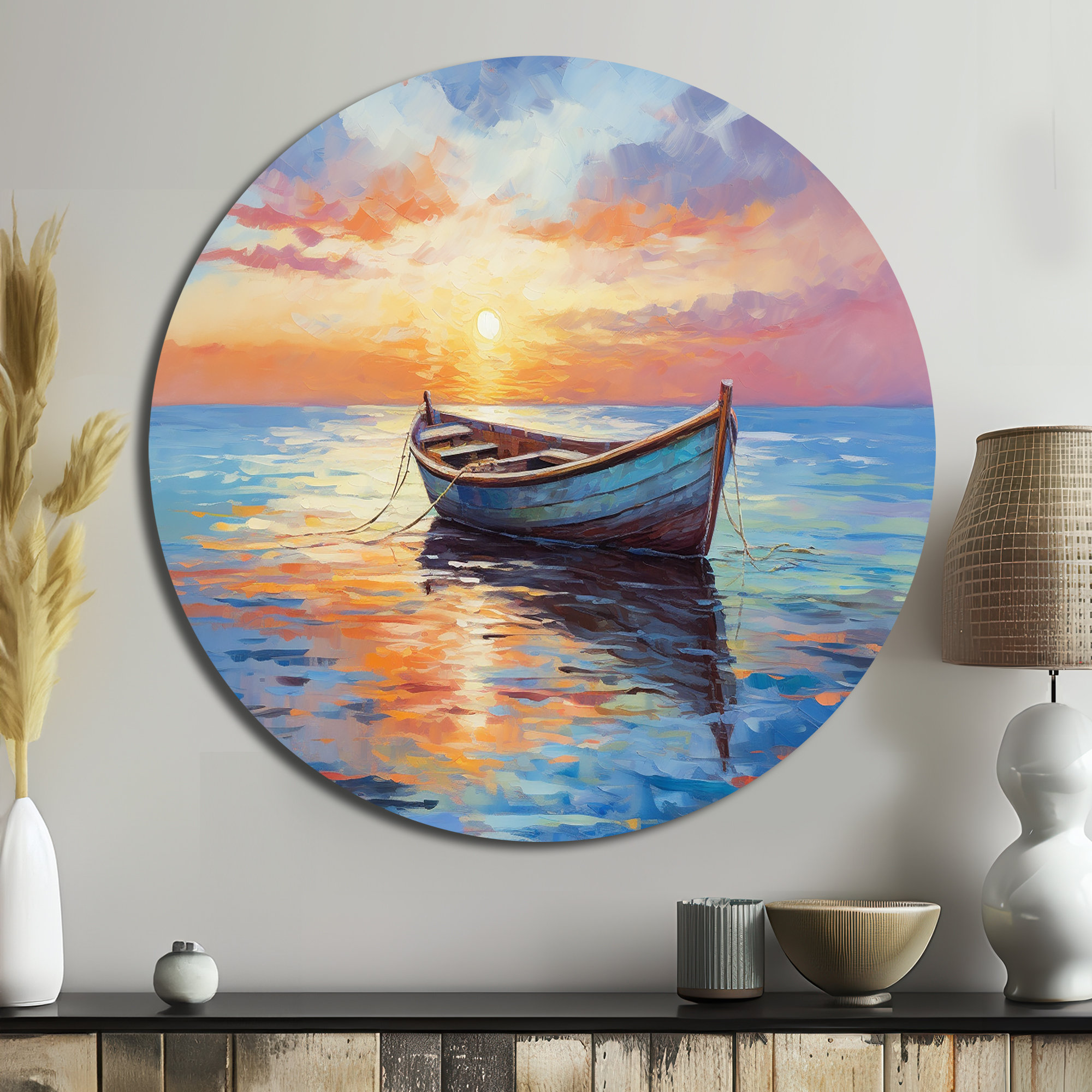 Design Art Boat Seascape Impression I - Transportation Round Metal Art ...