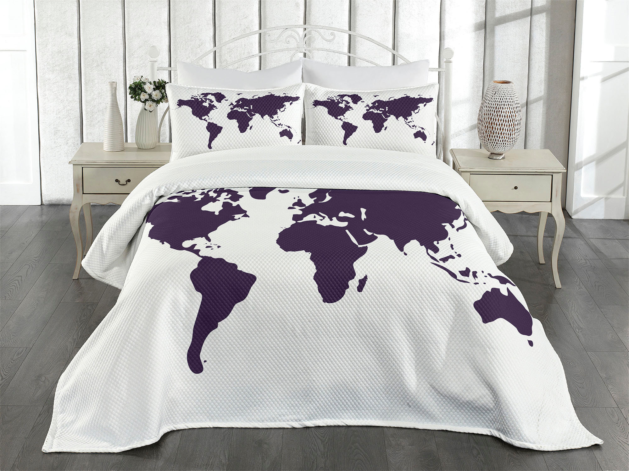 Ambesonne Map Bedspread Vivid Indigo World Graphic Indigo White | Wayfair