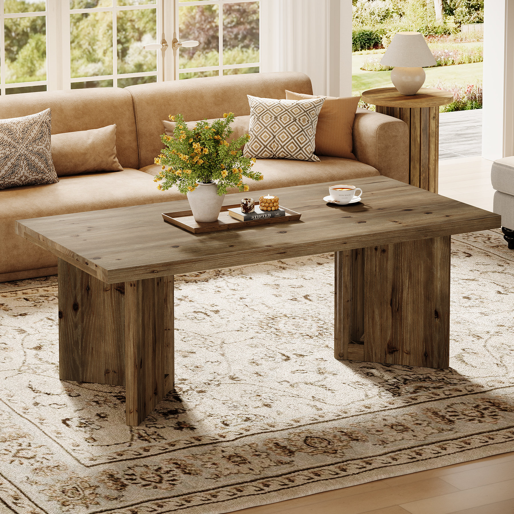 August Grove 47" Farmhouse Wood Coffee Table with Triangle Legs, Rustic ...