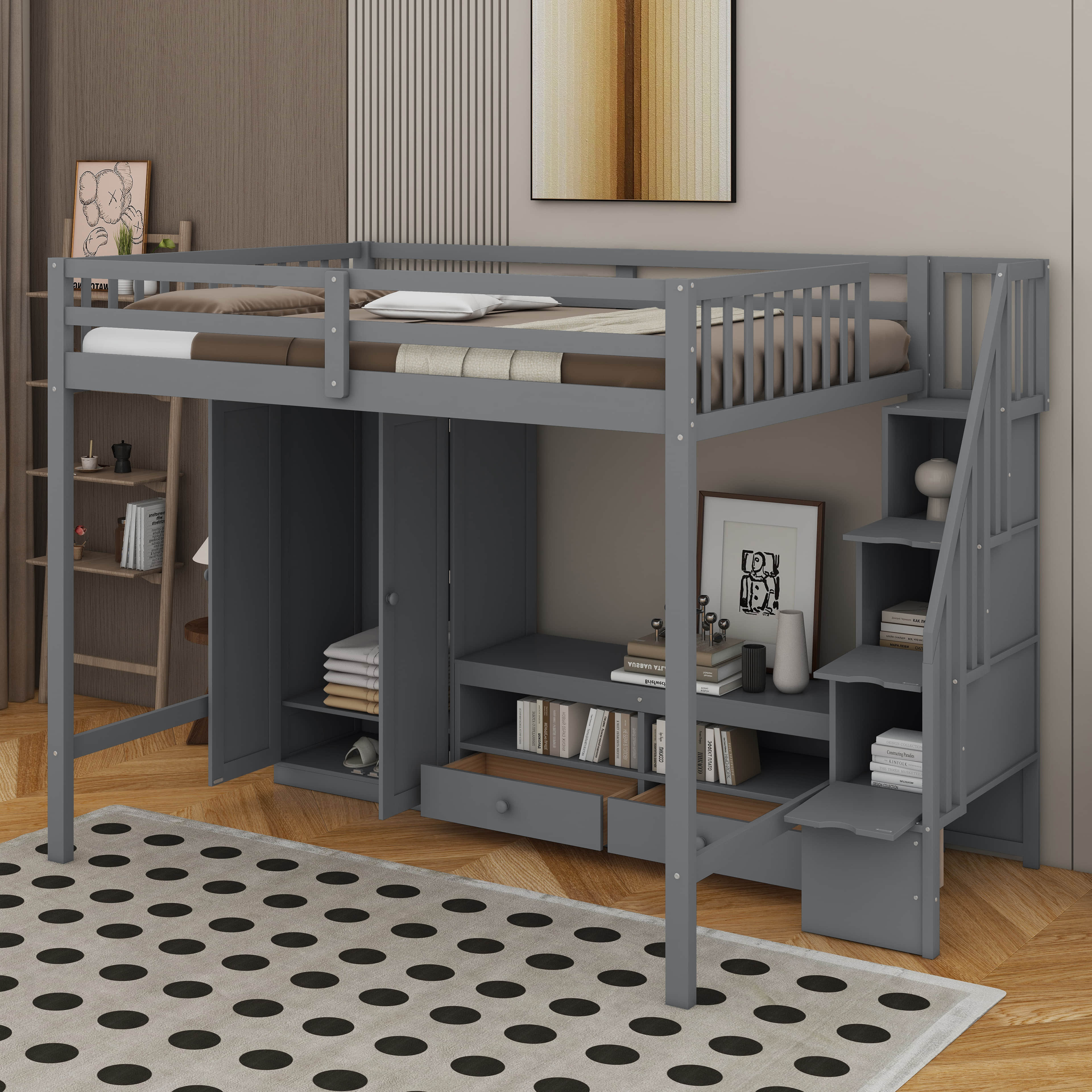 Harriet Bee Full Size Loft Bed Frame With Low Storage Table,Wardrobe ...