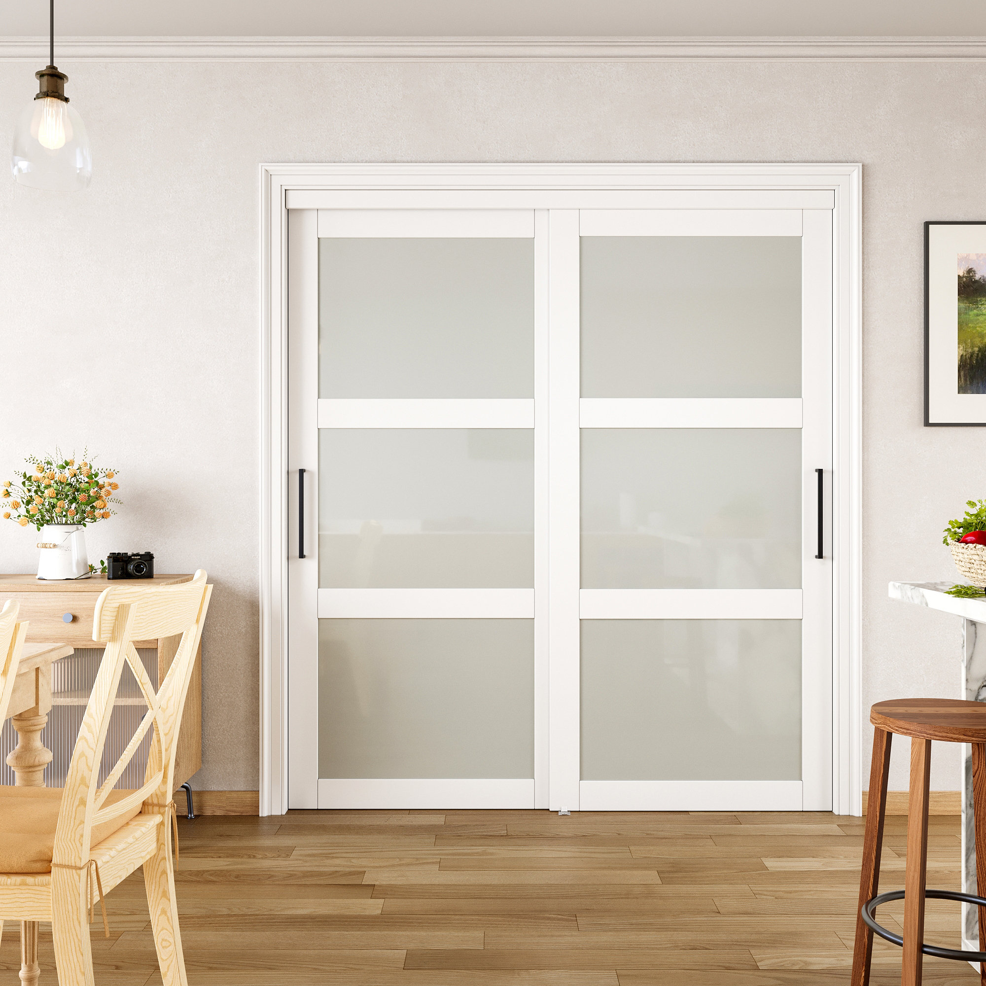 ARK DESIGN 80" Tempered 3 Lite Frosted Glass White Closet Sliding Door ...
