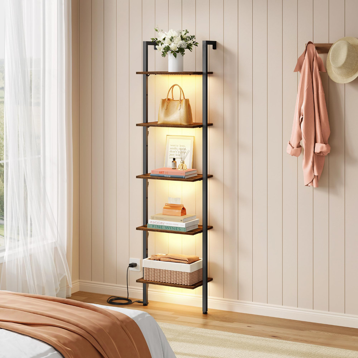 Latitude Run® 5-TLadder Bookshelf,ier Wall Mounted Ladder Shelf with ...