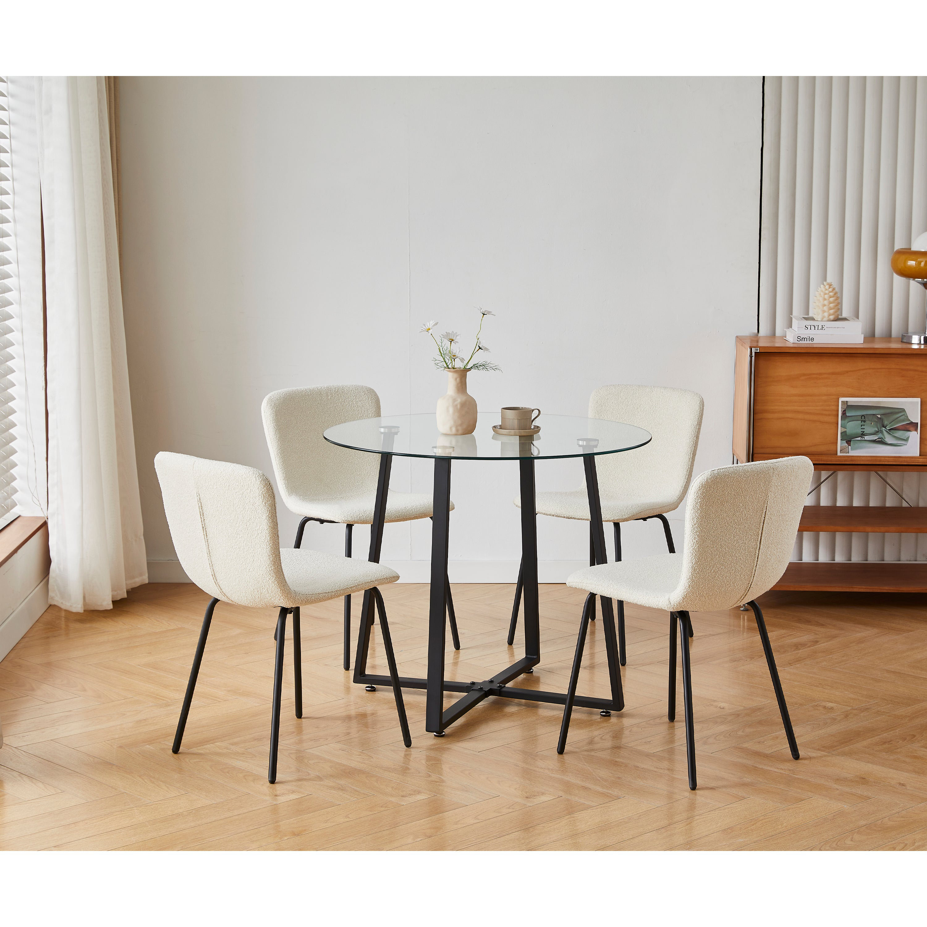 Latitude Run® 35.4" Tempered Glass Round Table Set with 4 Fabric ...