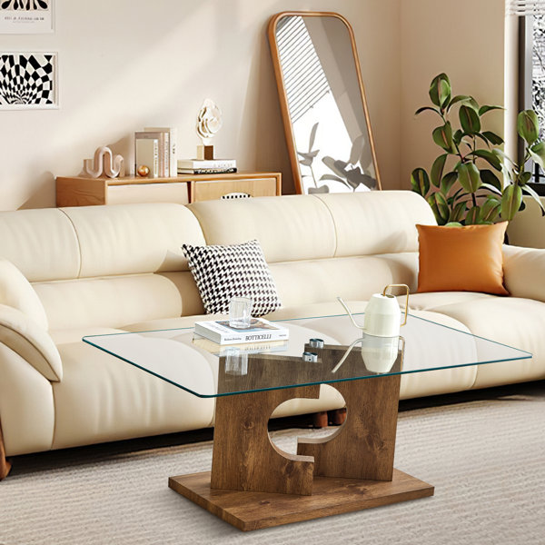 Ivy Bronx 47" Glass Top Coffee Table, Coffee Table With Wooden Mdf ...