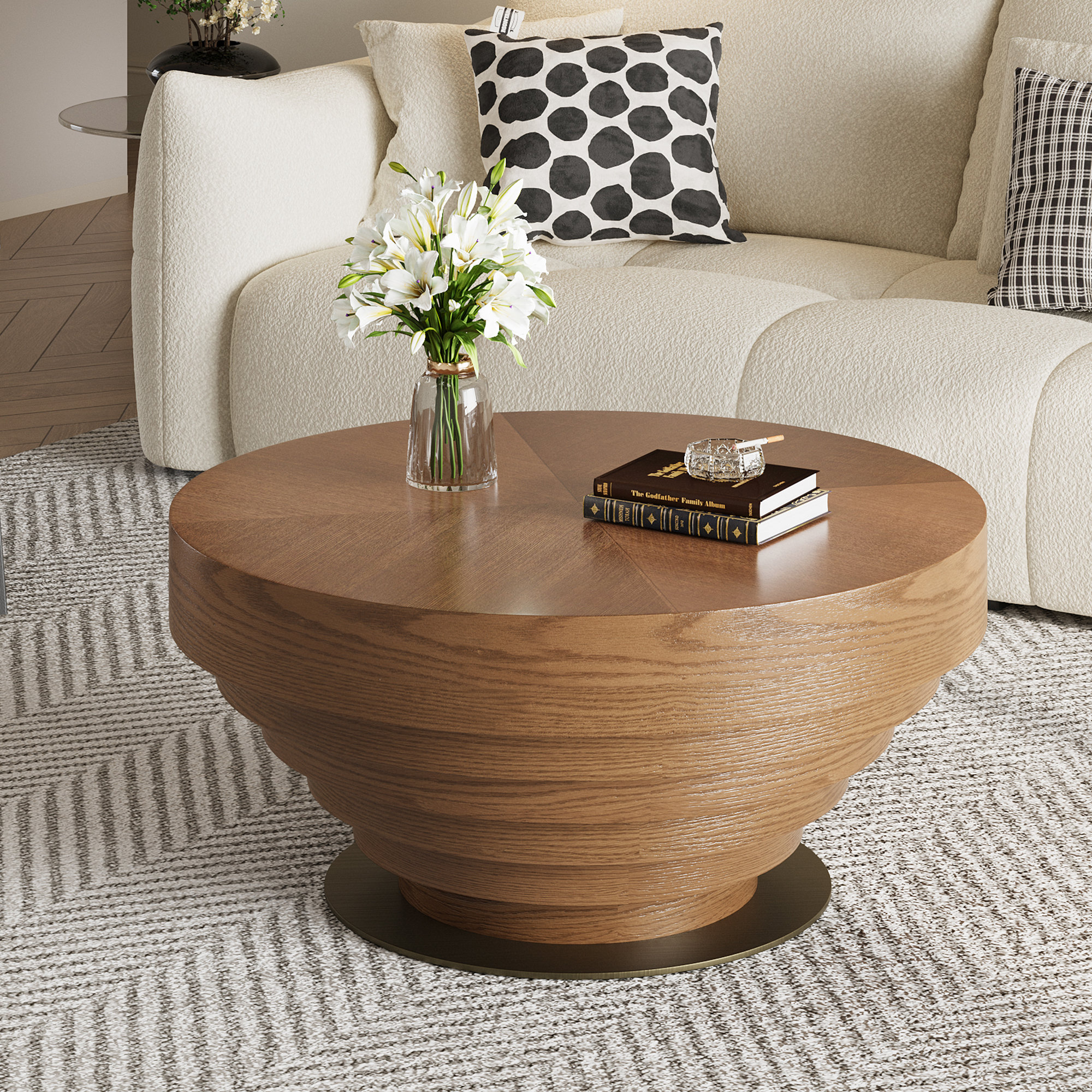 Hokku Designs 35.45'' Round Coffee Table, Contemporary Curved Wood ...