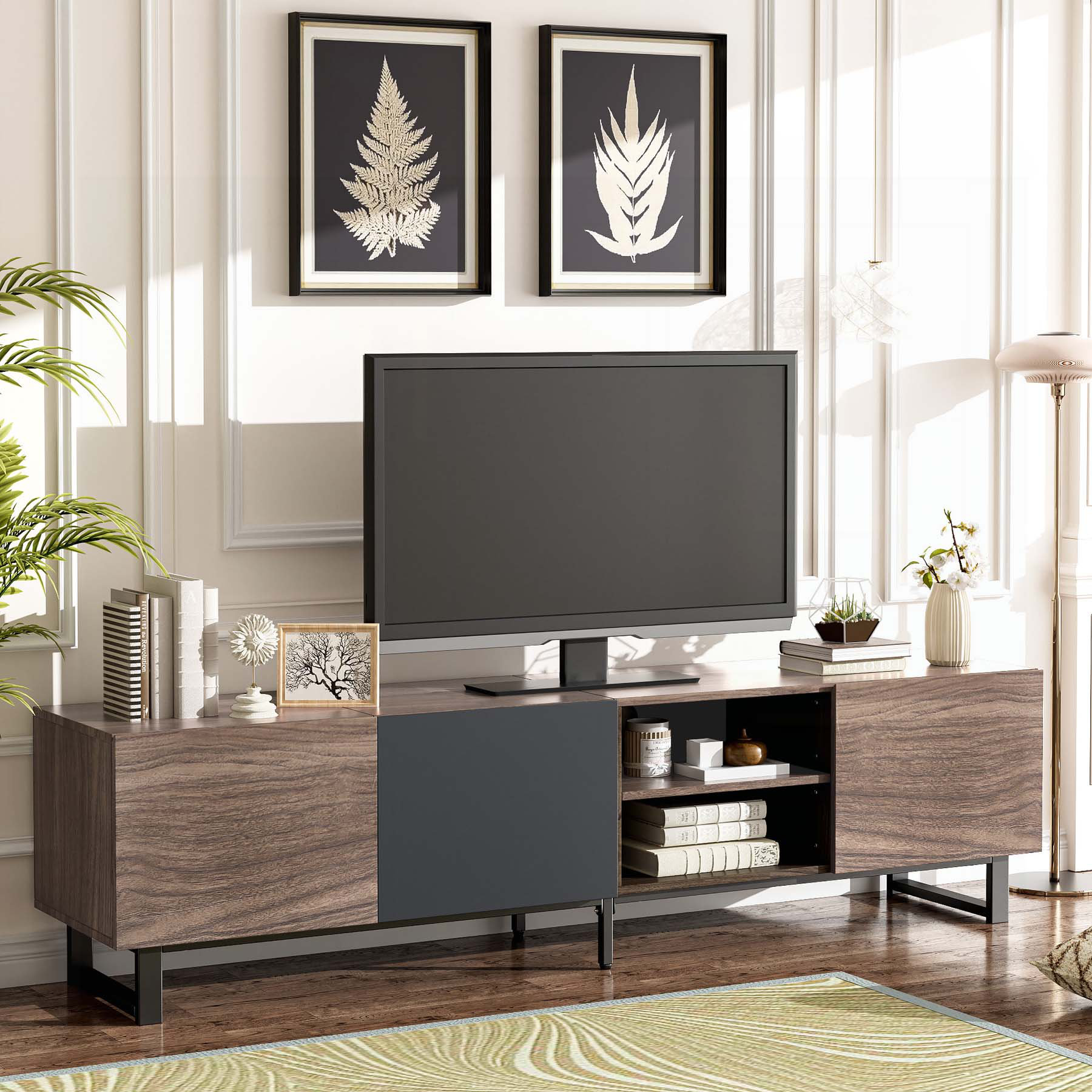 Ebern Designs Multifunctional Modern TV Console with Cabinets and Open ...