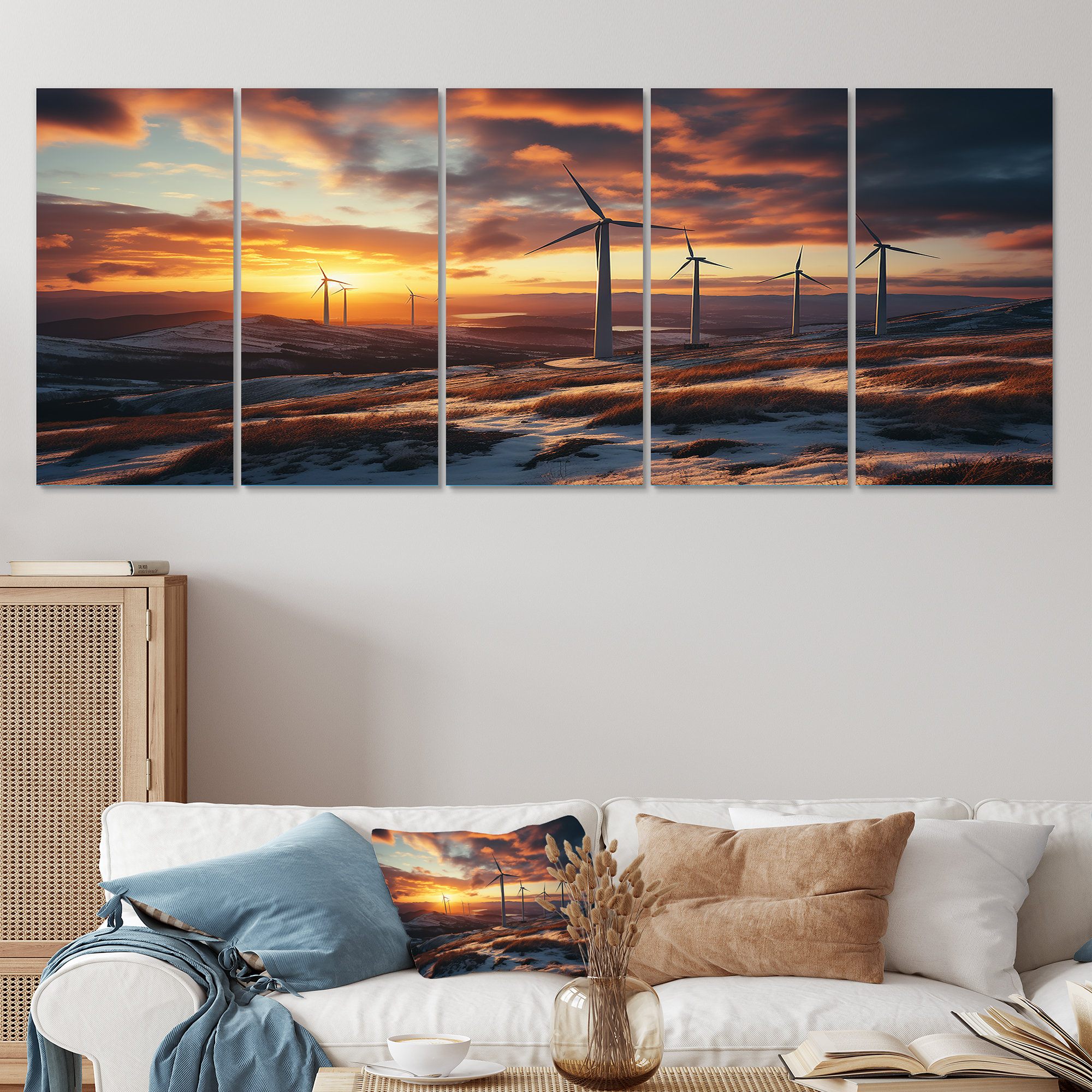 Latitude Run® Sunset Wind Turbines Mountain View V - Wind Turbines 5 ...