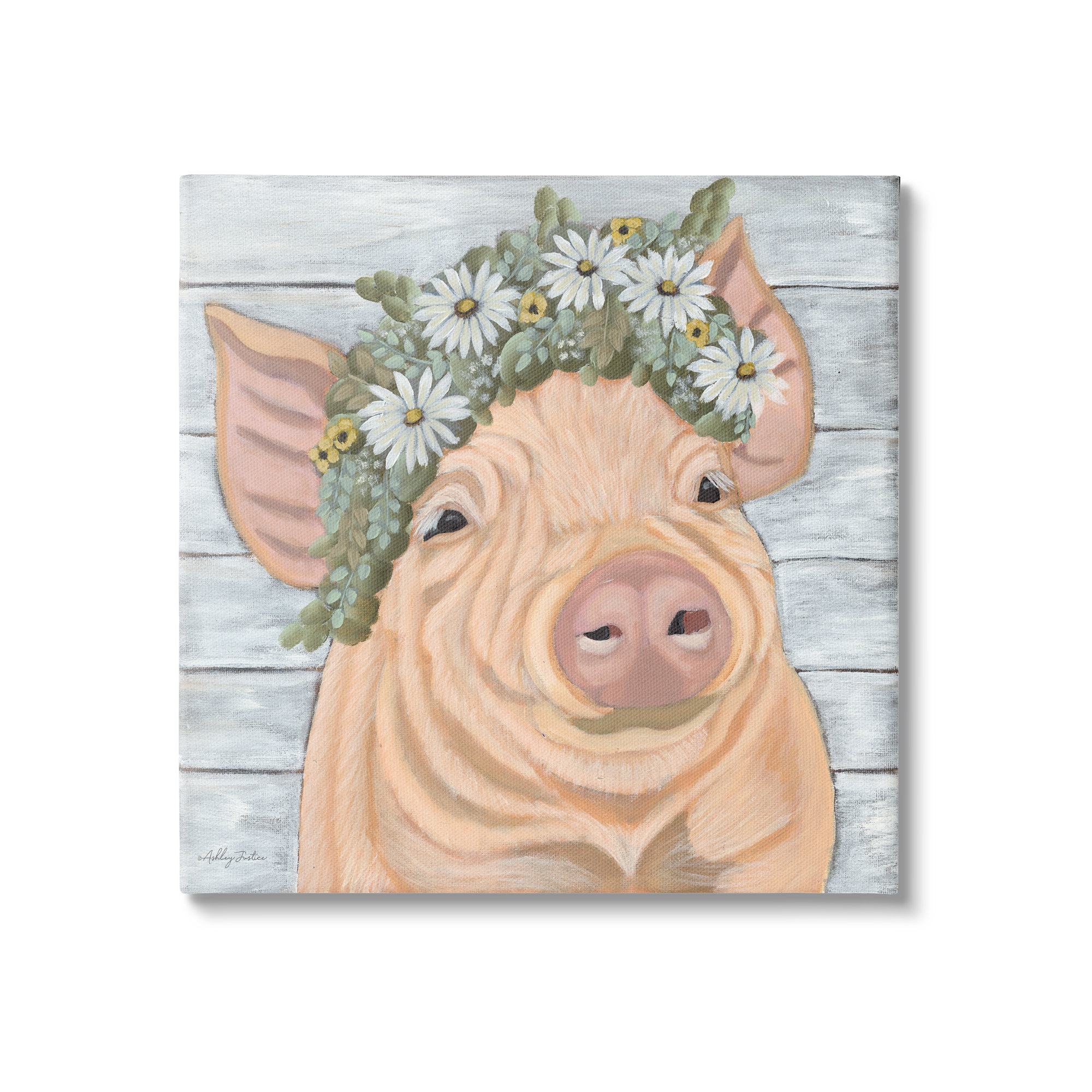 Stupell Industries " Happy Pig Daisy Blossom Crown " by Ashley Justice ...