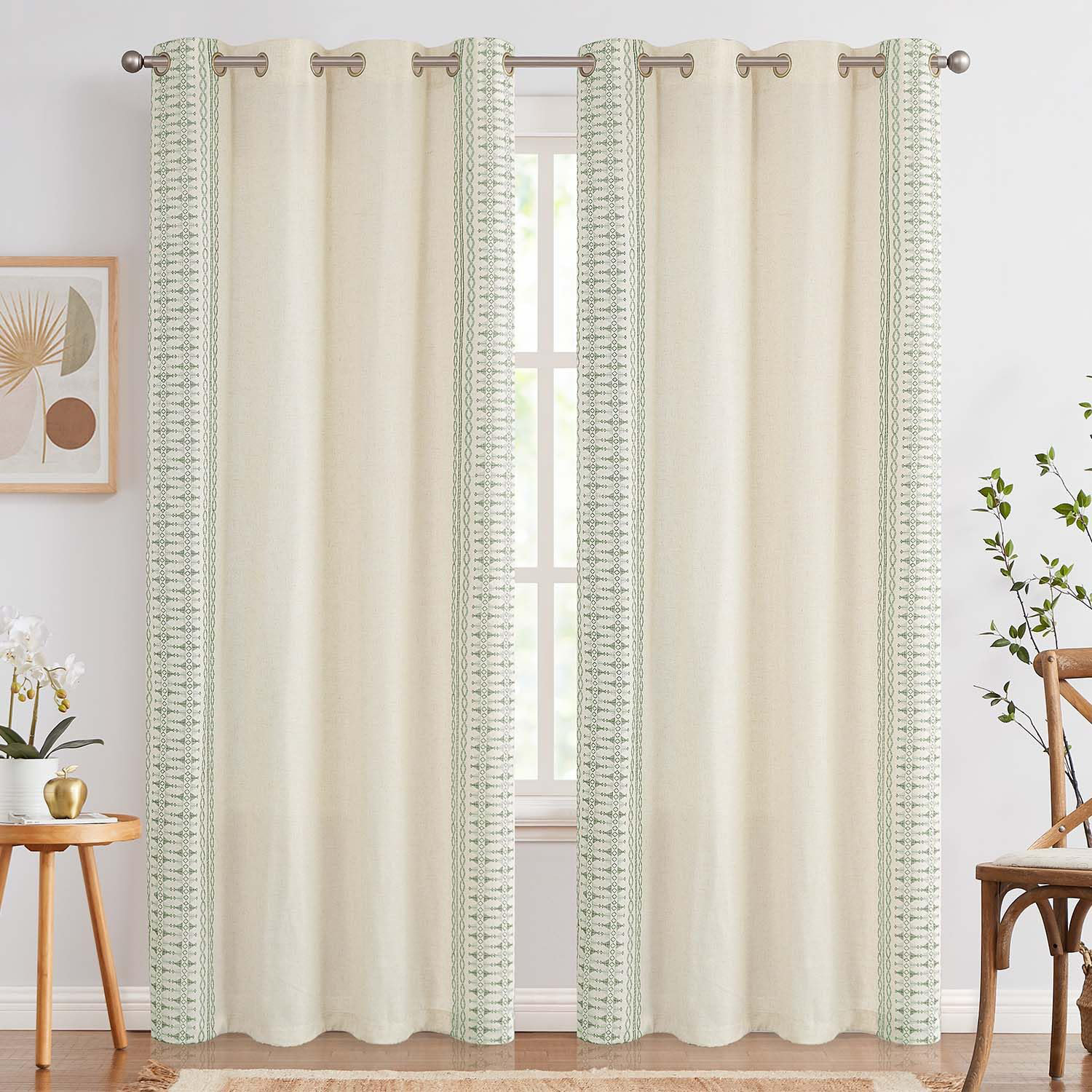 Dakota Fields Boho Curtains Sage Green Linen Embroidered Bordered ...