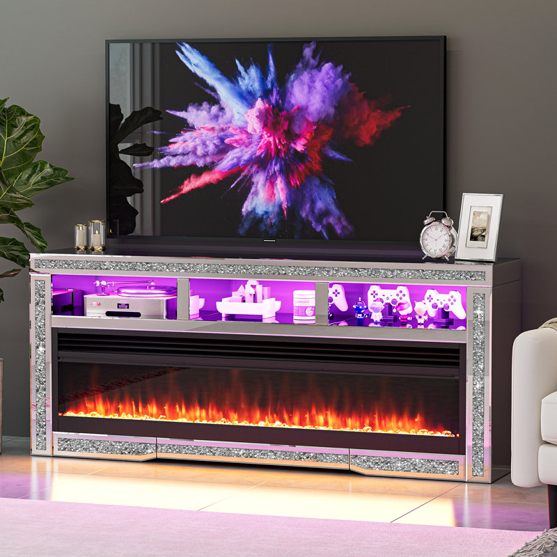 Everly Quinn Mirrored Fireplace Tv Stand For 65+ Inch Tv, Silver Tv ...