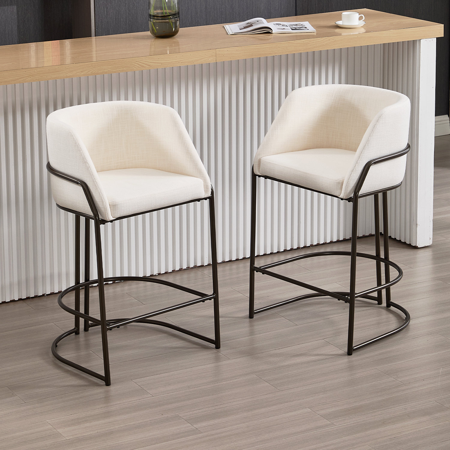 Latitude Run® 26'' Modern Upholstered Beige Linen Counter Stool With ...