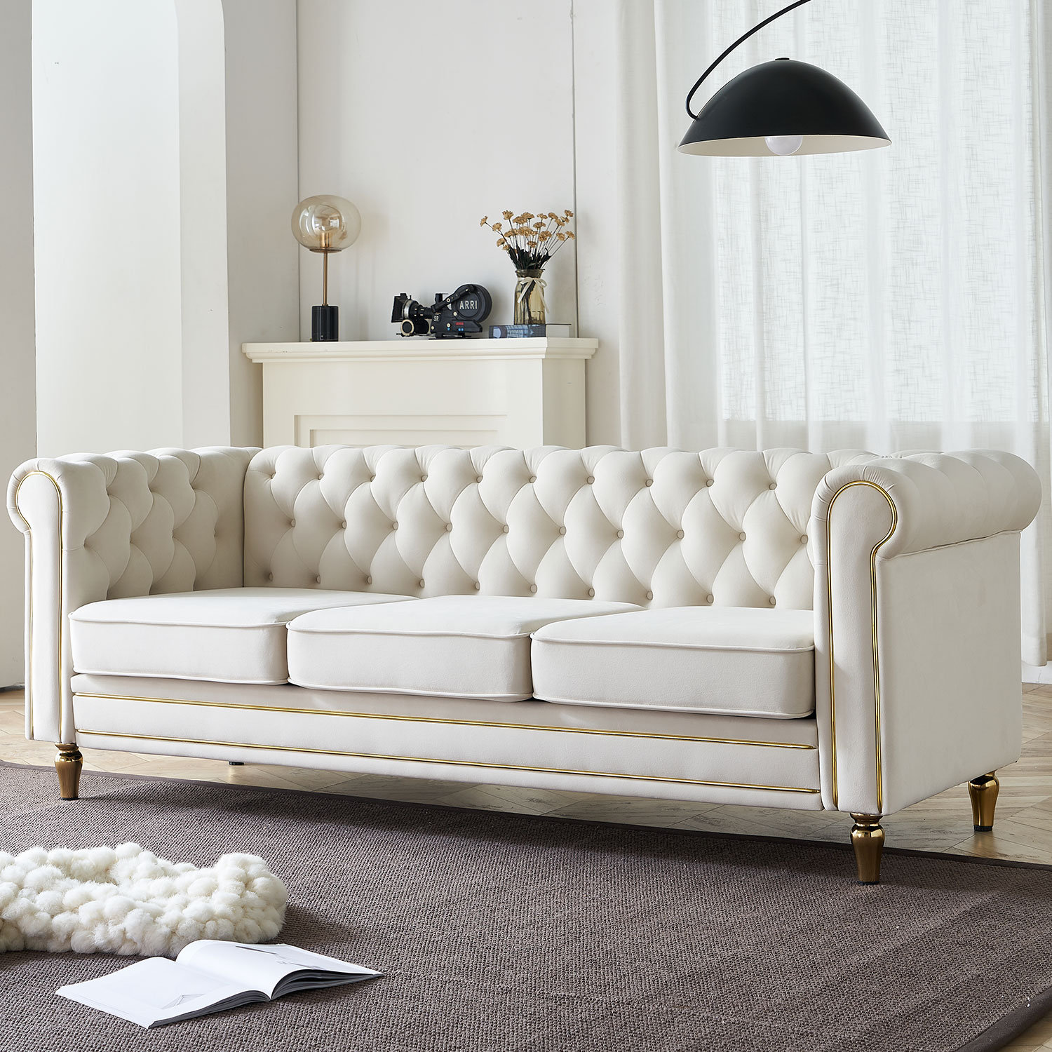 House of Hampton Gevon 84.65" Velvet Roll Arm Sofa, Chesterfield Sofa ...