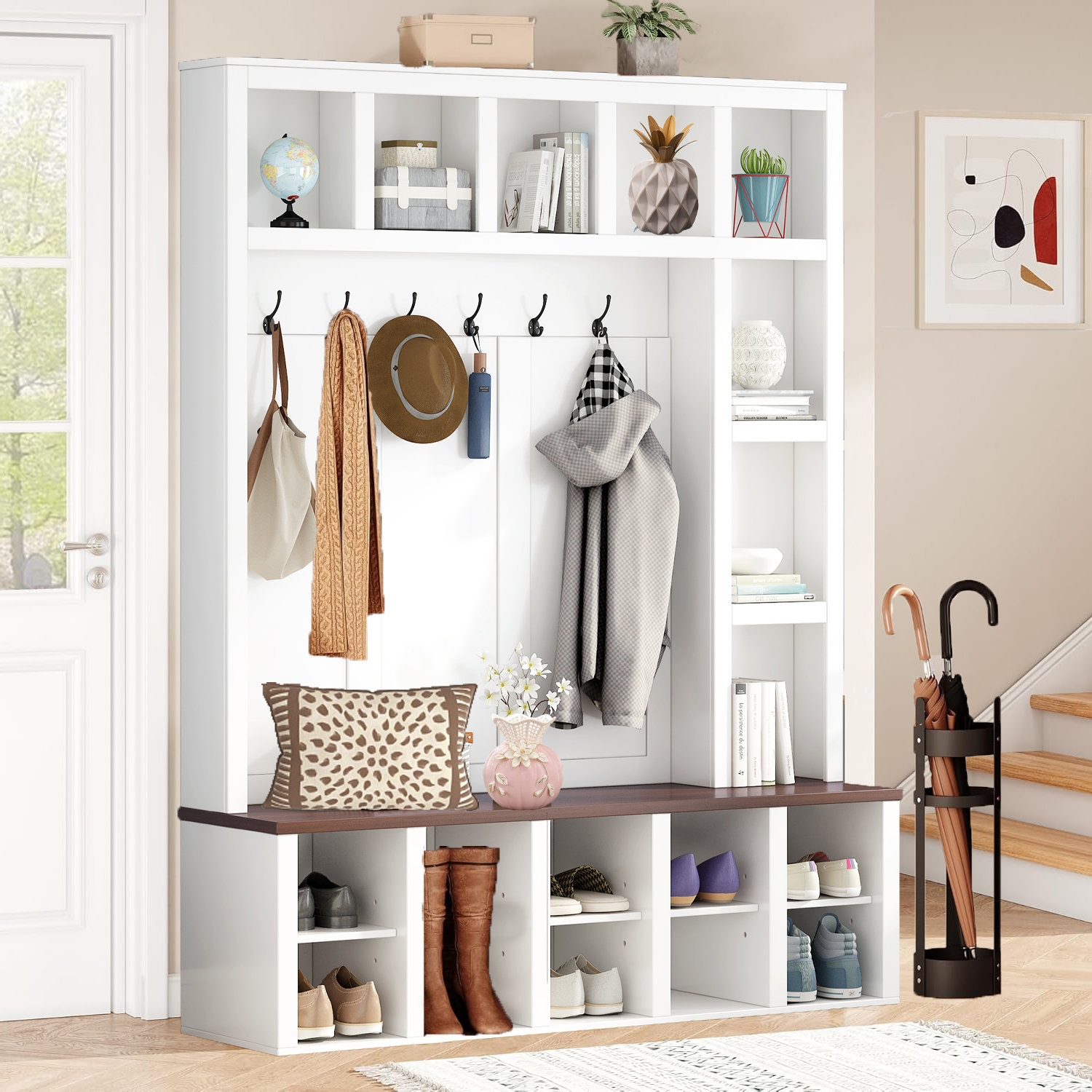 Red Barrel Studio® 59" Farmhouse Entryway 4 - Tier Hall Tree With ...